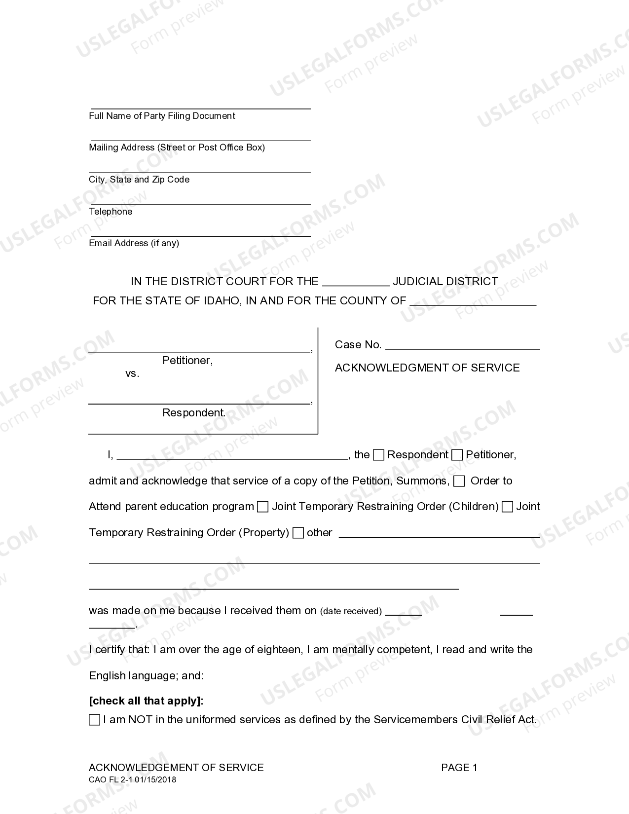 Idaho Acknowledgment of Service and Consent | US Legal Forms