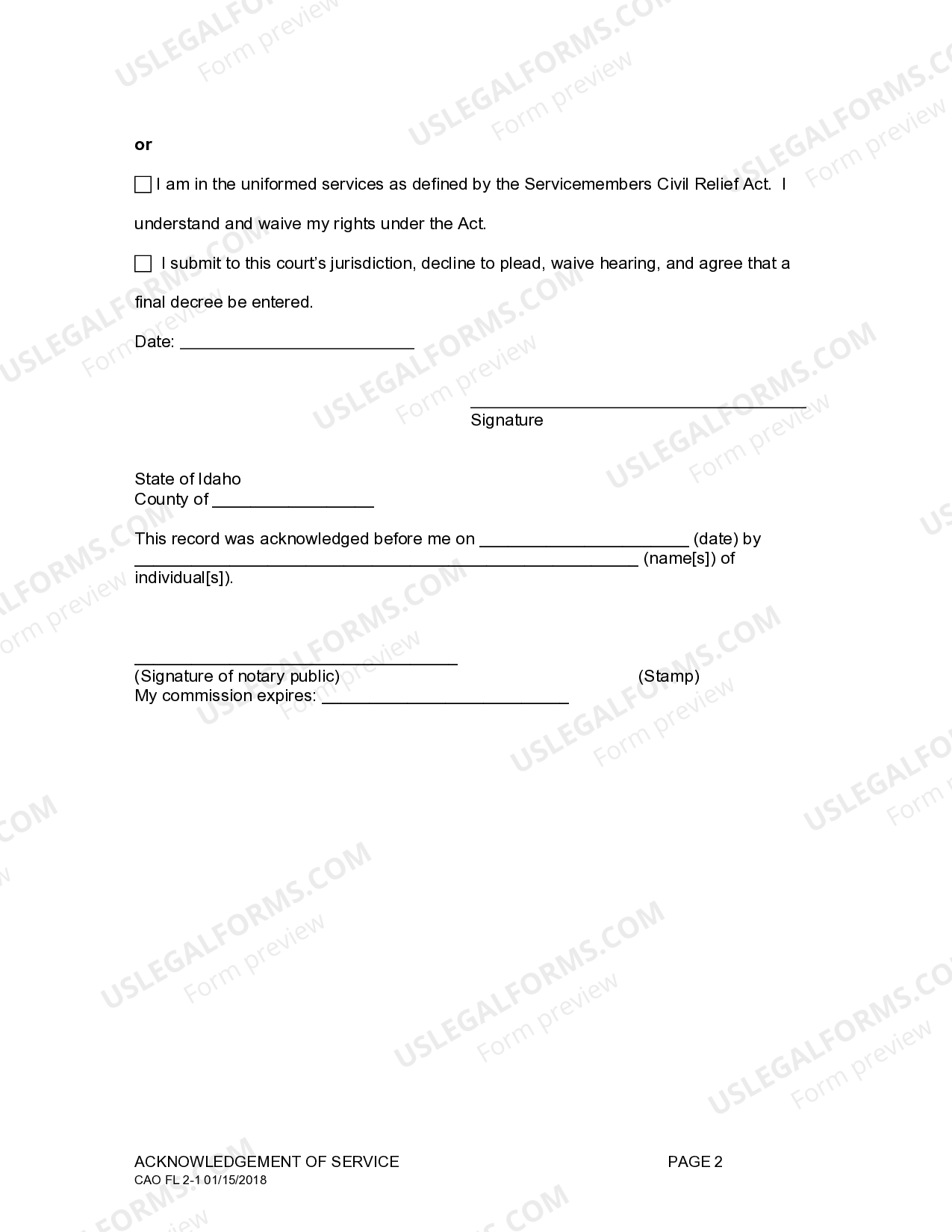 Idaho Acknowledgment of Service and Consent | US Legal Forms