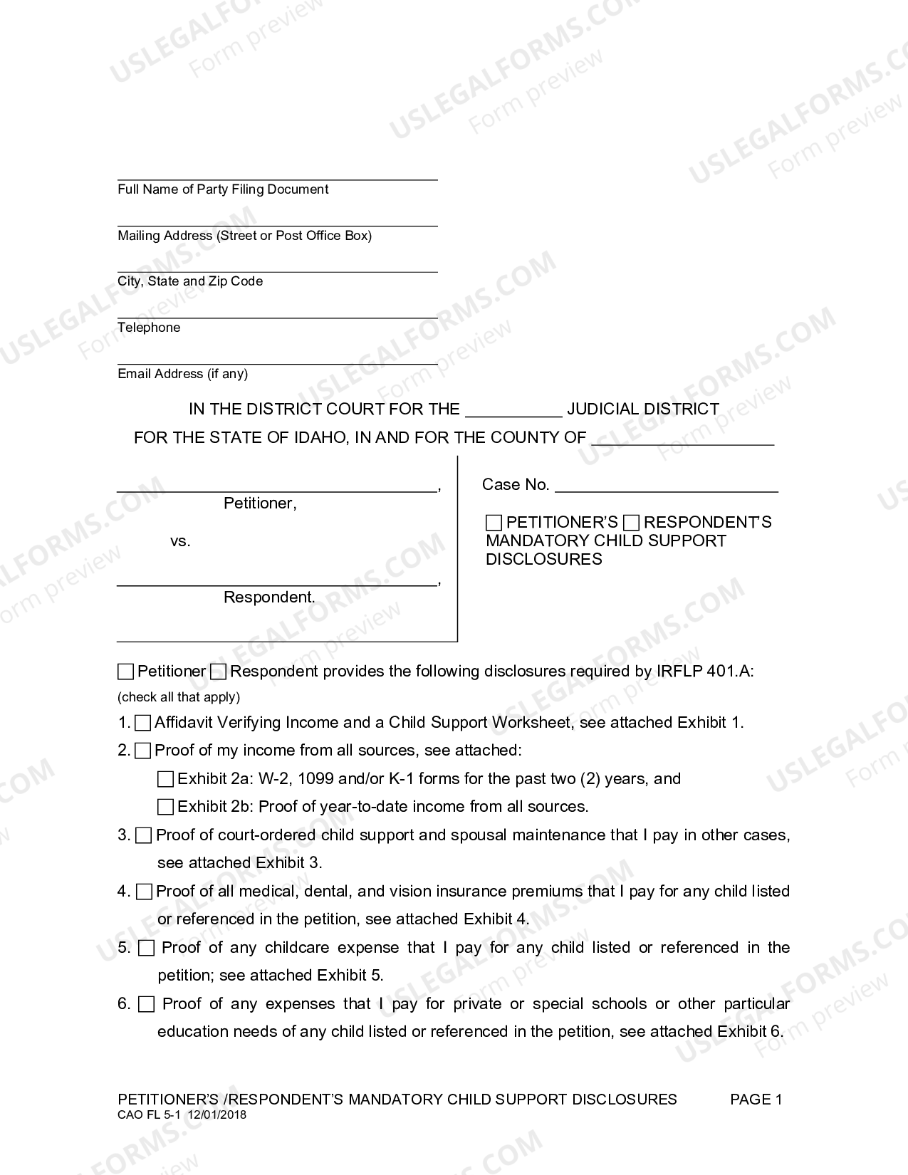 Idaho Petitioner Respondent Mandatory Child Support Disclosures | US ...