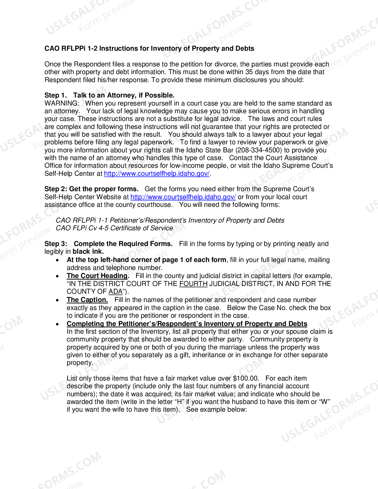 Idaho Instructions for Inventory of Property and Debts for Divorce | US ...