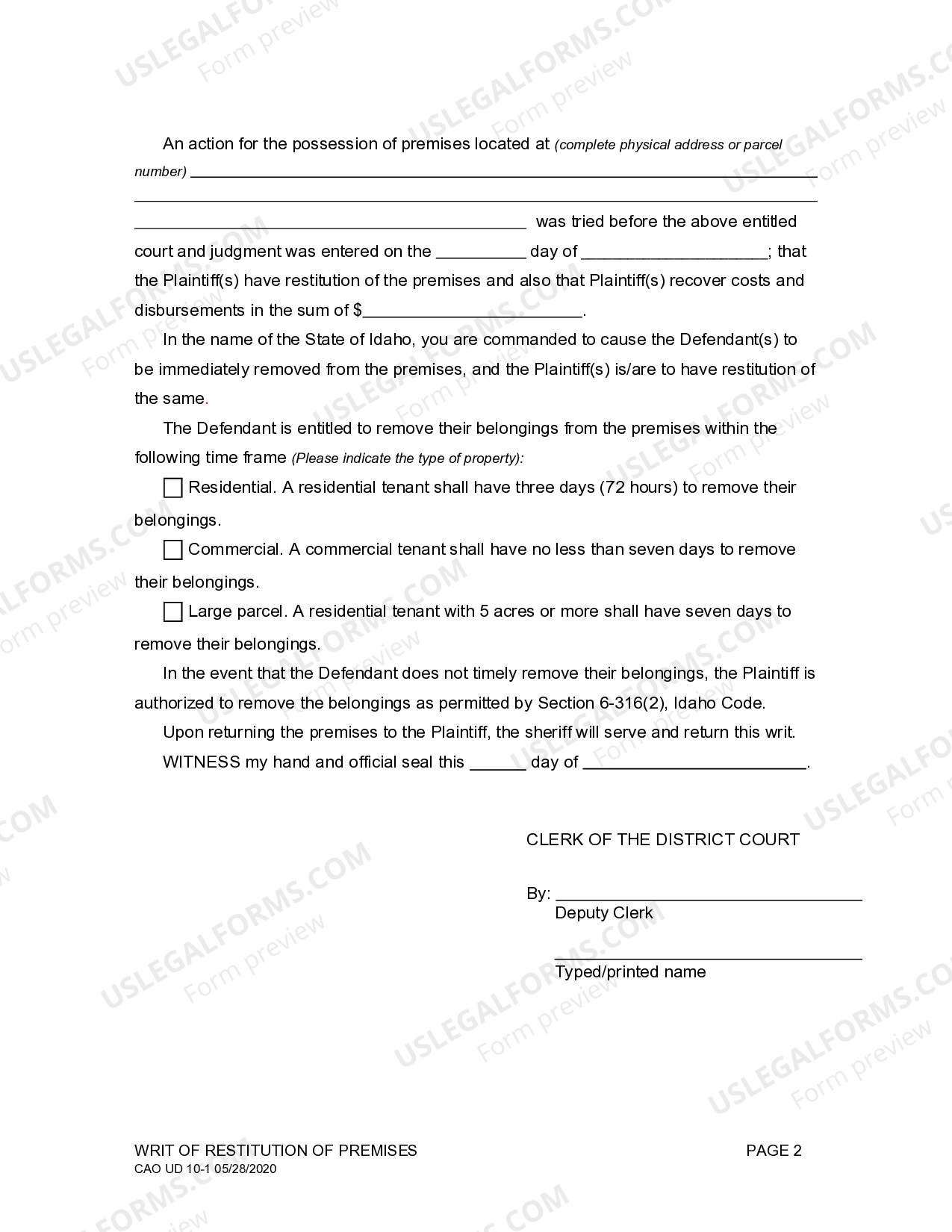 Idaho Writ of Restitution of Premises - Restitution Of Premises | US ...