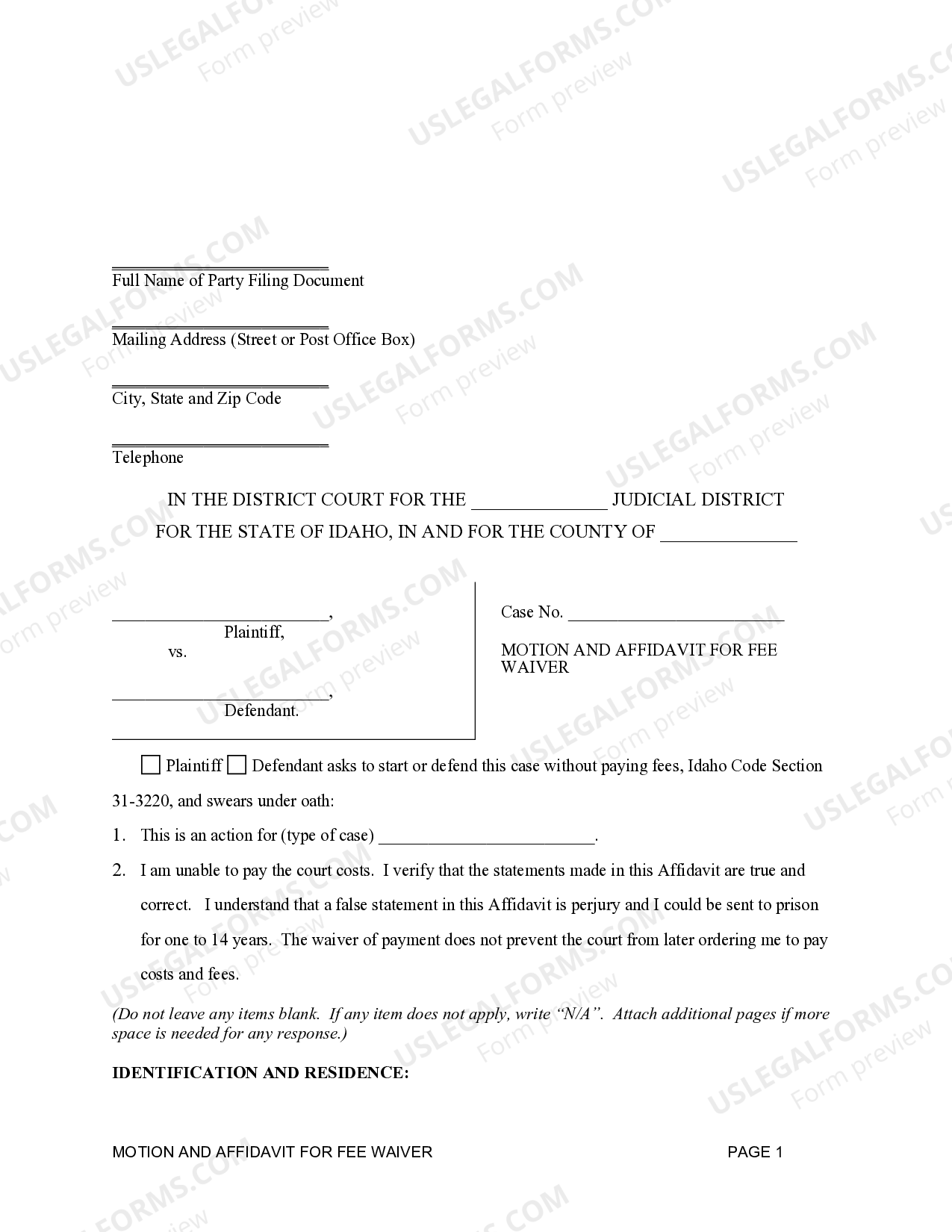 Idaho Motion and Affidavit for Fee Waiver | US Legal Forms