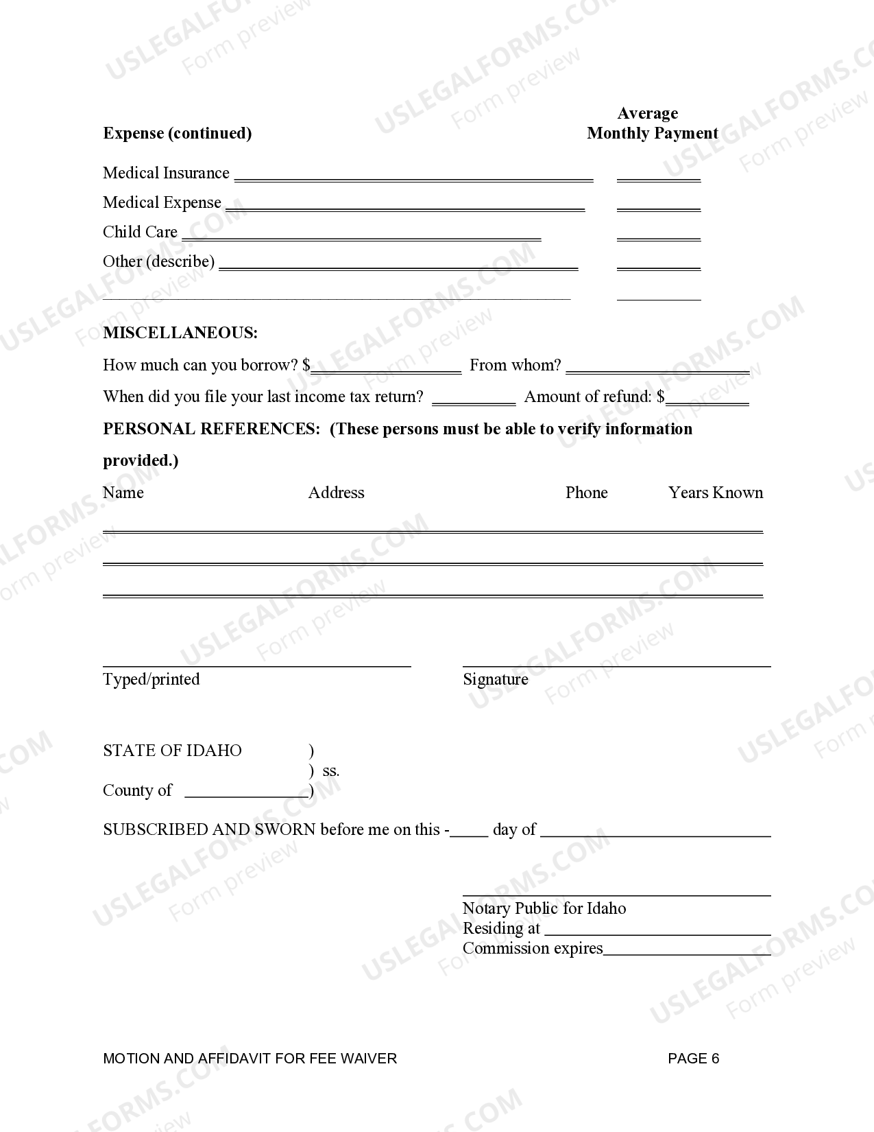 Idaho Motion and Affidavit for Fee Waiver | US Legal Forms