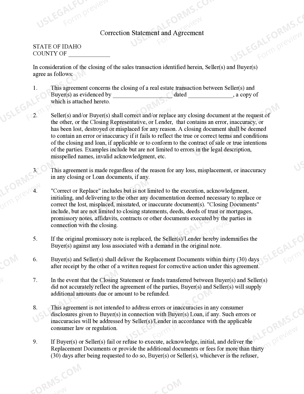 Idaho Correction Statement and Agreement - Idaho Statement Of ...