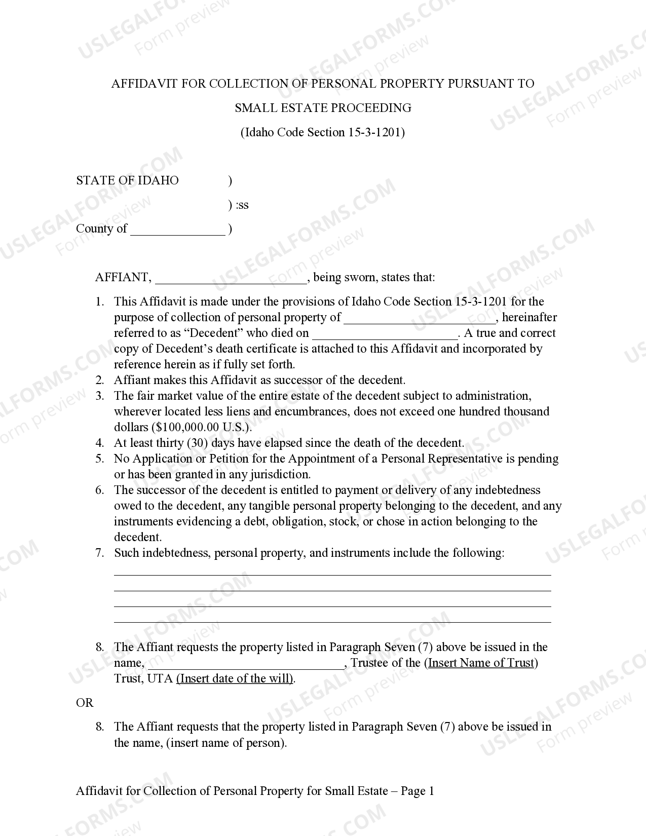 Idaho Affidavit for Collection of Personal Property Pursuant to Small ...