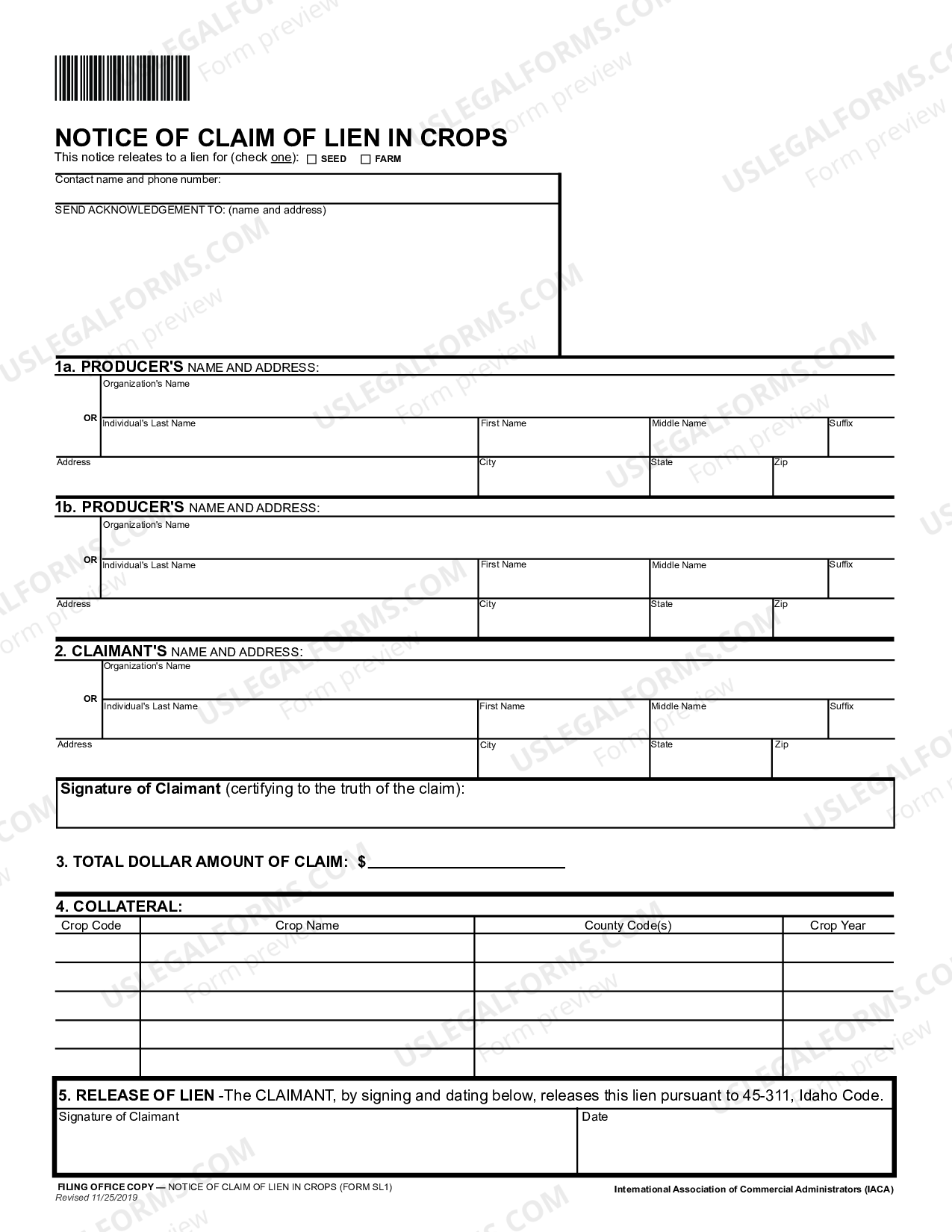 Idaho UCC Notice Of Claim Of Lien In Crops | US Legal Forms