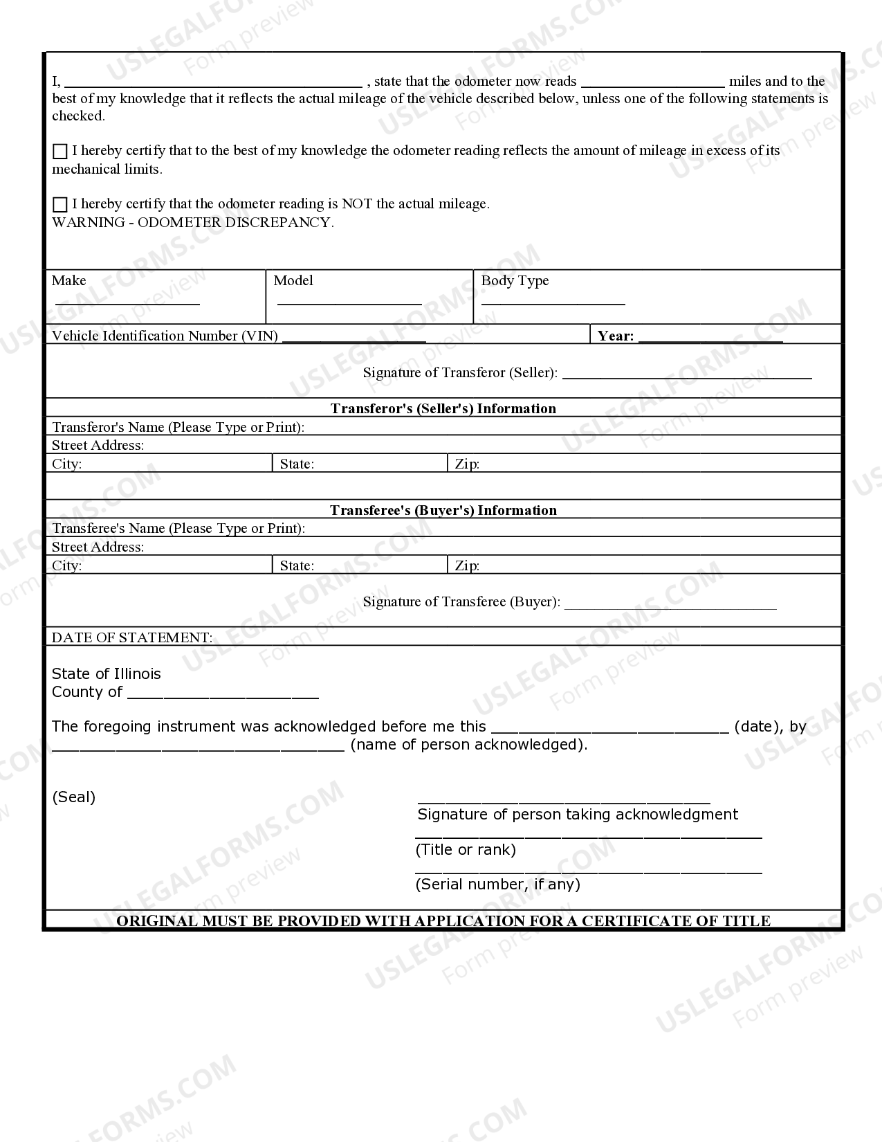 Illinois Bill of Sale for Automobile or Vehicle including Odometer ...