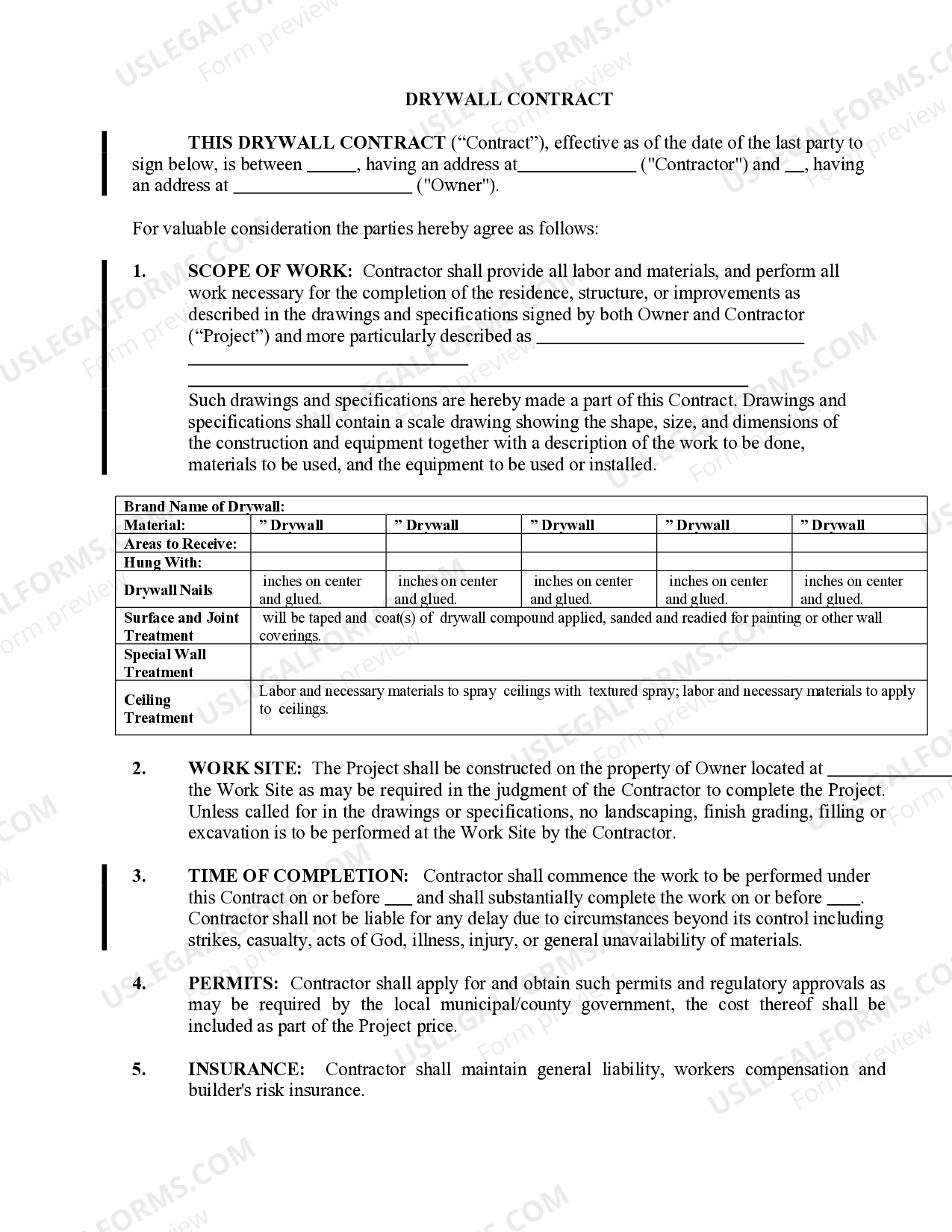 Illinois Sheetrock Drywall Contract for Contractor - Drywall Contract ...
