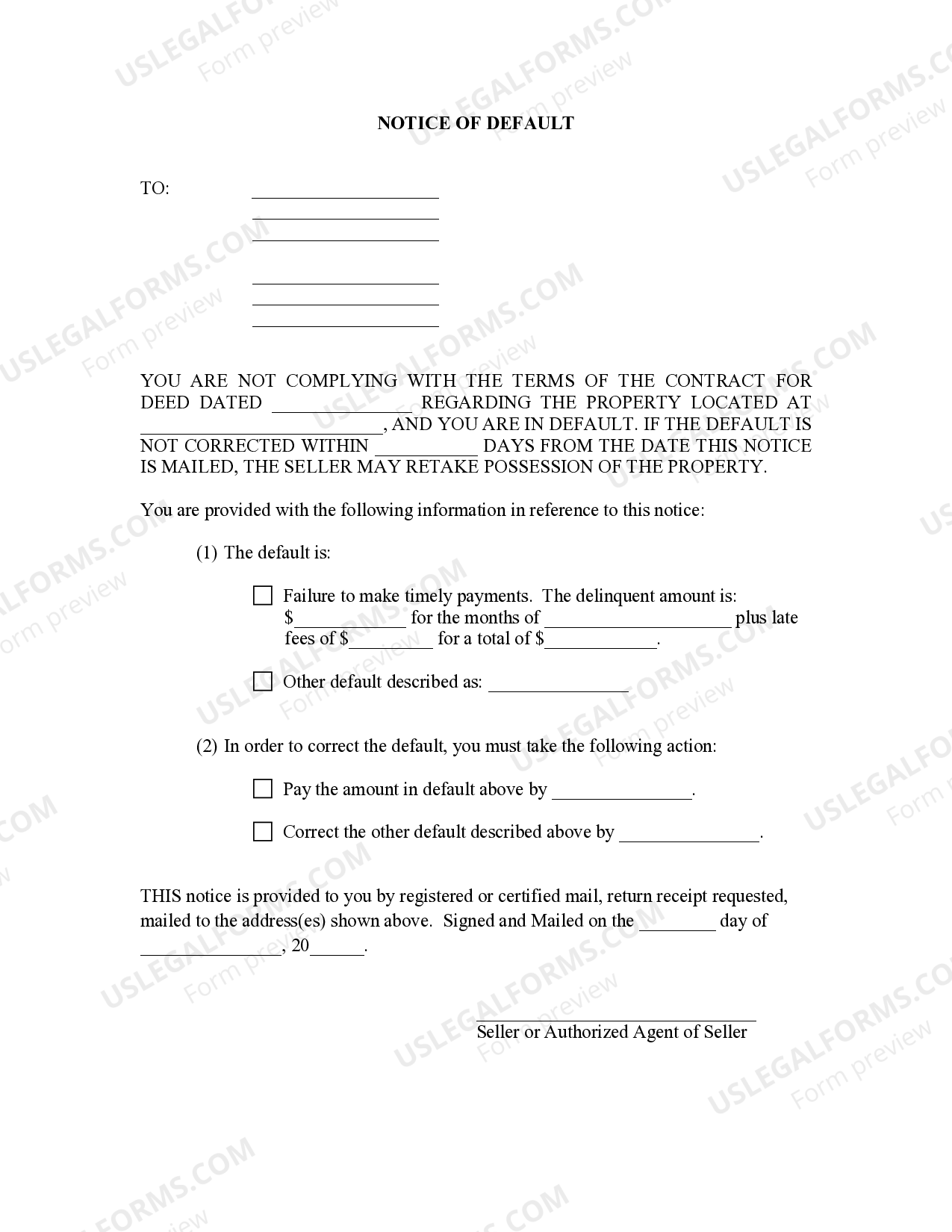 Illinois General Notice of Default for Contract for Deed - Contract For ...