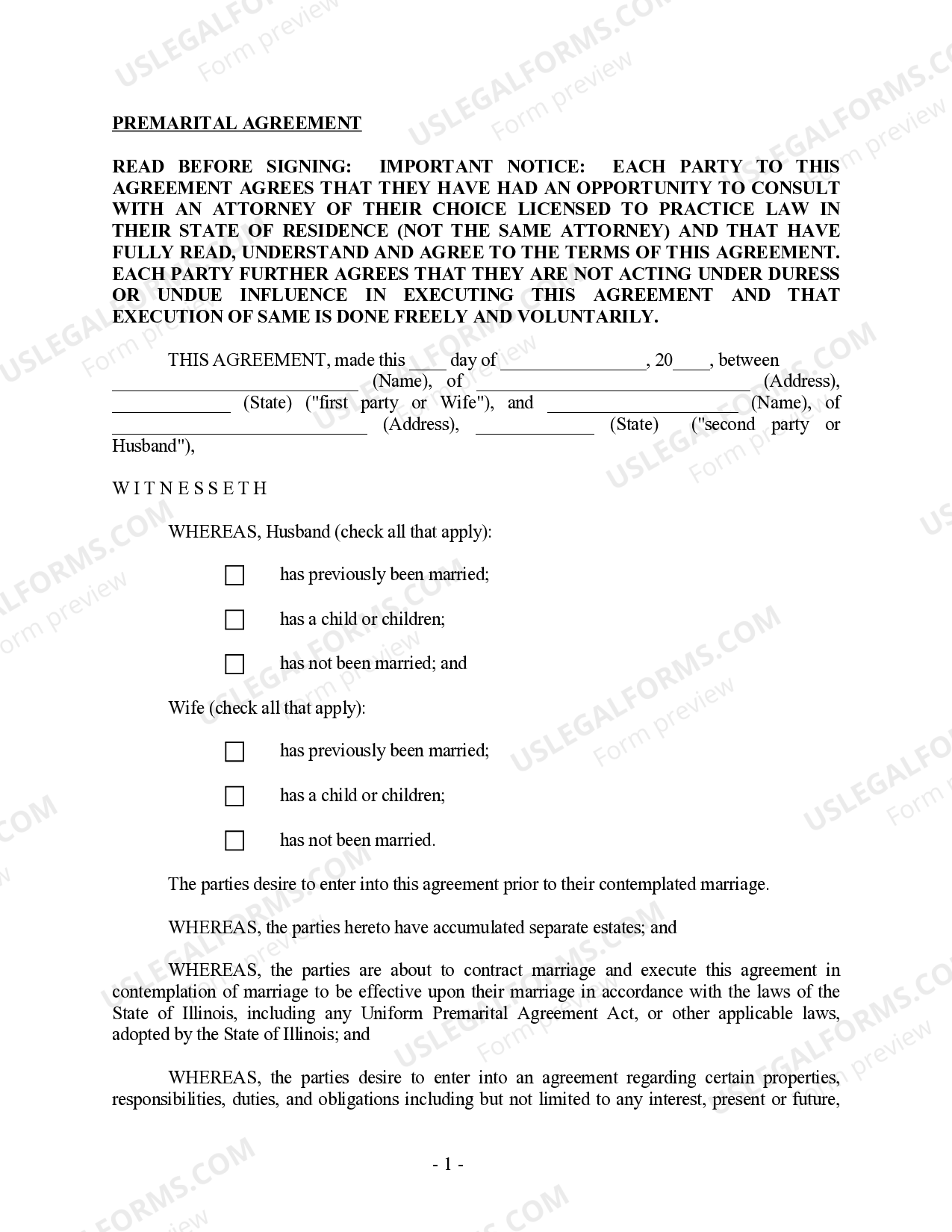 Illinois Prenuptial Premarital Agreement without Financial Statements ...