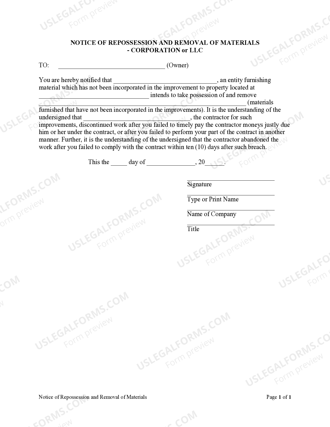 Illinois Notice of Repossession and Removal of Materials - Repossession ...