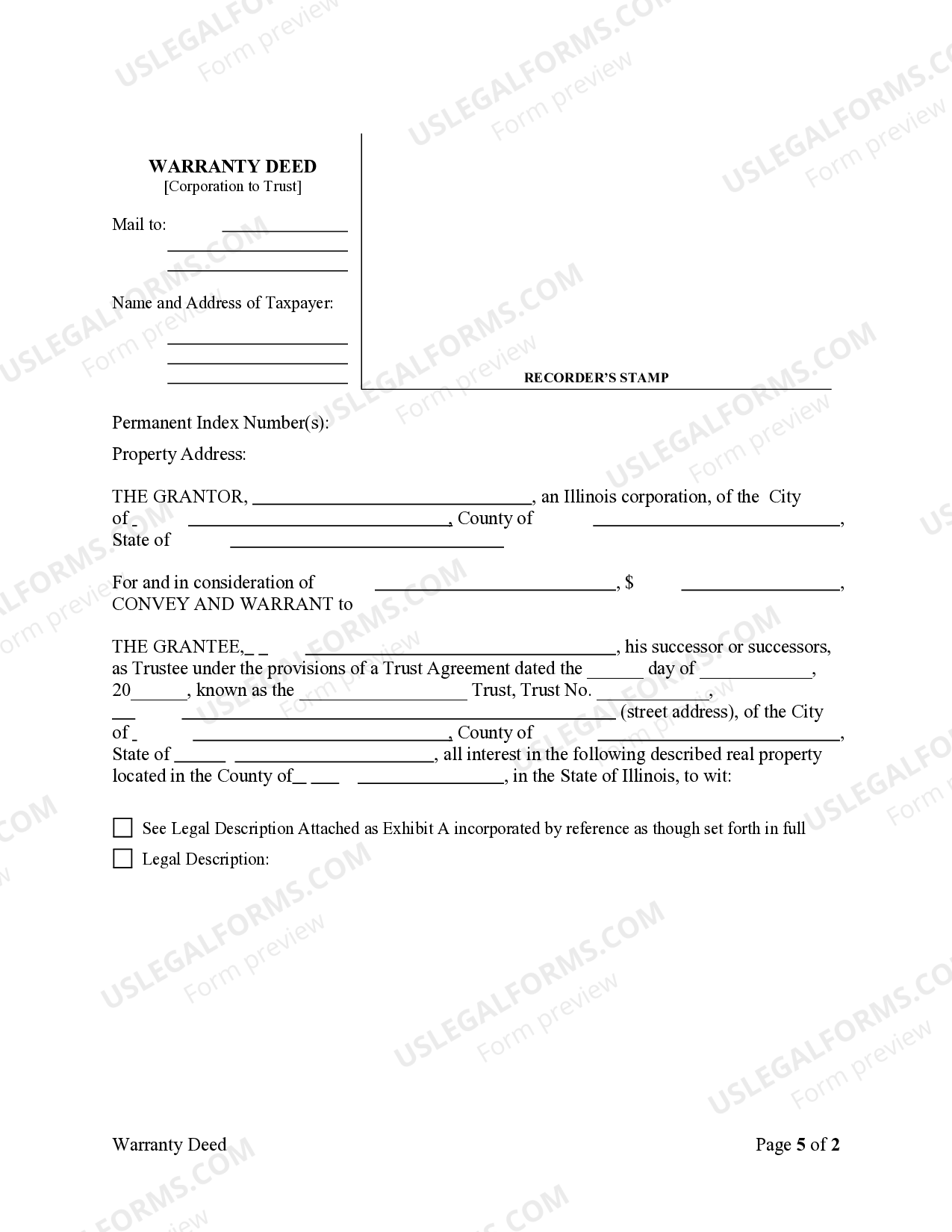 Illinois Warranty Deed - Corporation to Trust | US Legal Forms