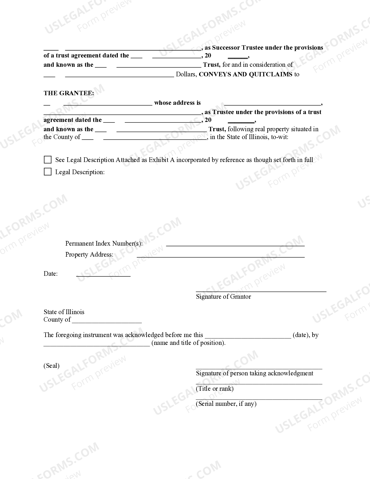 Illinois Quitclaim Deed - Trust, by Successor Trustee - Trust Successor Trustee | US Legal Forms