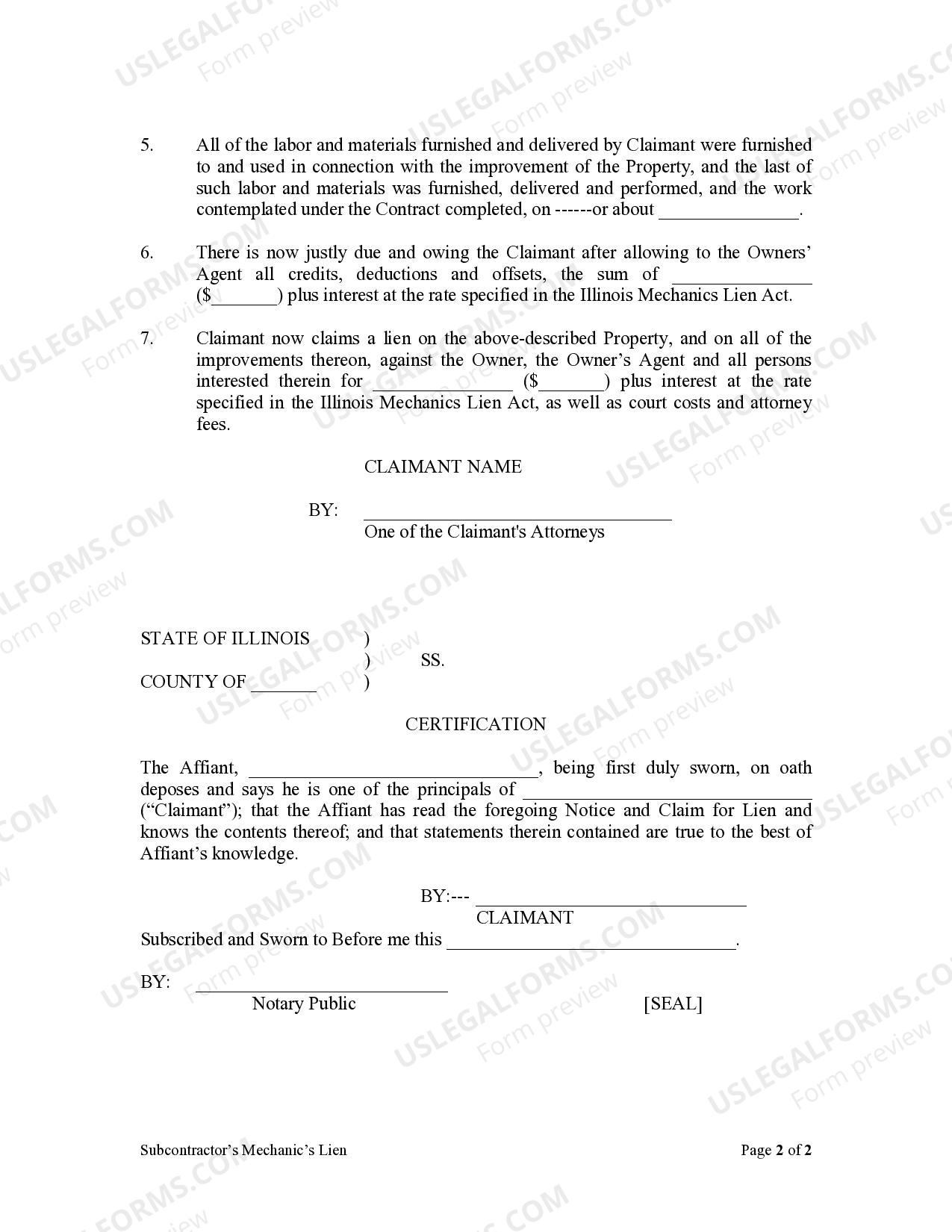 Illinois Subcontractor's Lien - Notice of Claim - Mechanic Liens ...