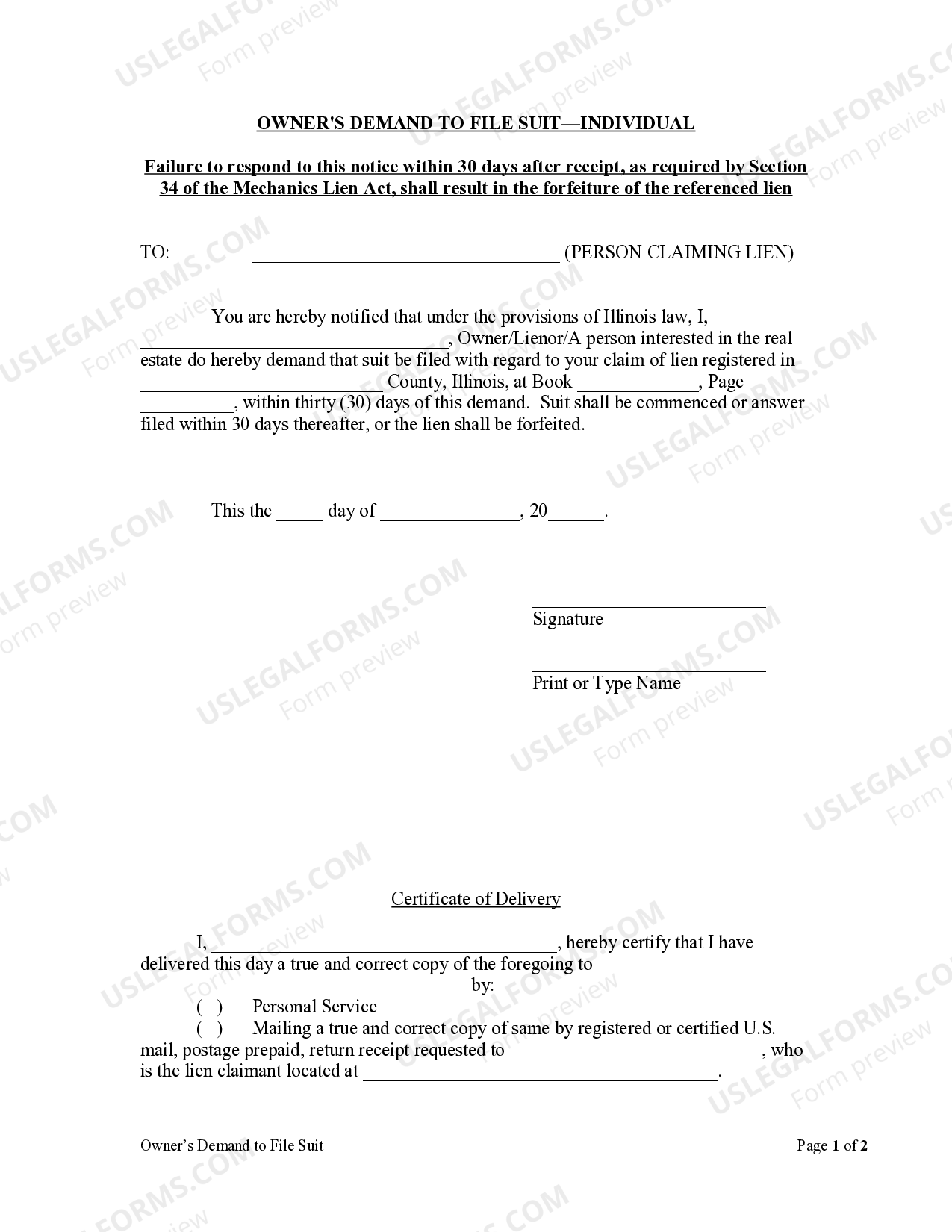 Illinois Owner's Demand to File Suit - Mechanics Liens - 770 Ilcs 60 ...