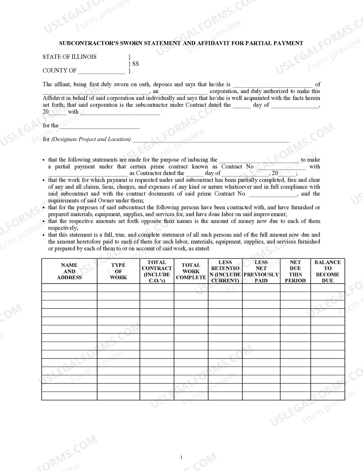 Illinois Subcontractor's Sworn Statement and Affidavit for Partial ...