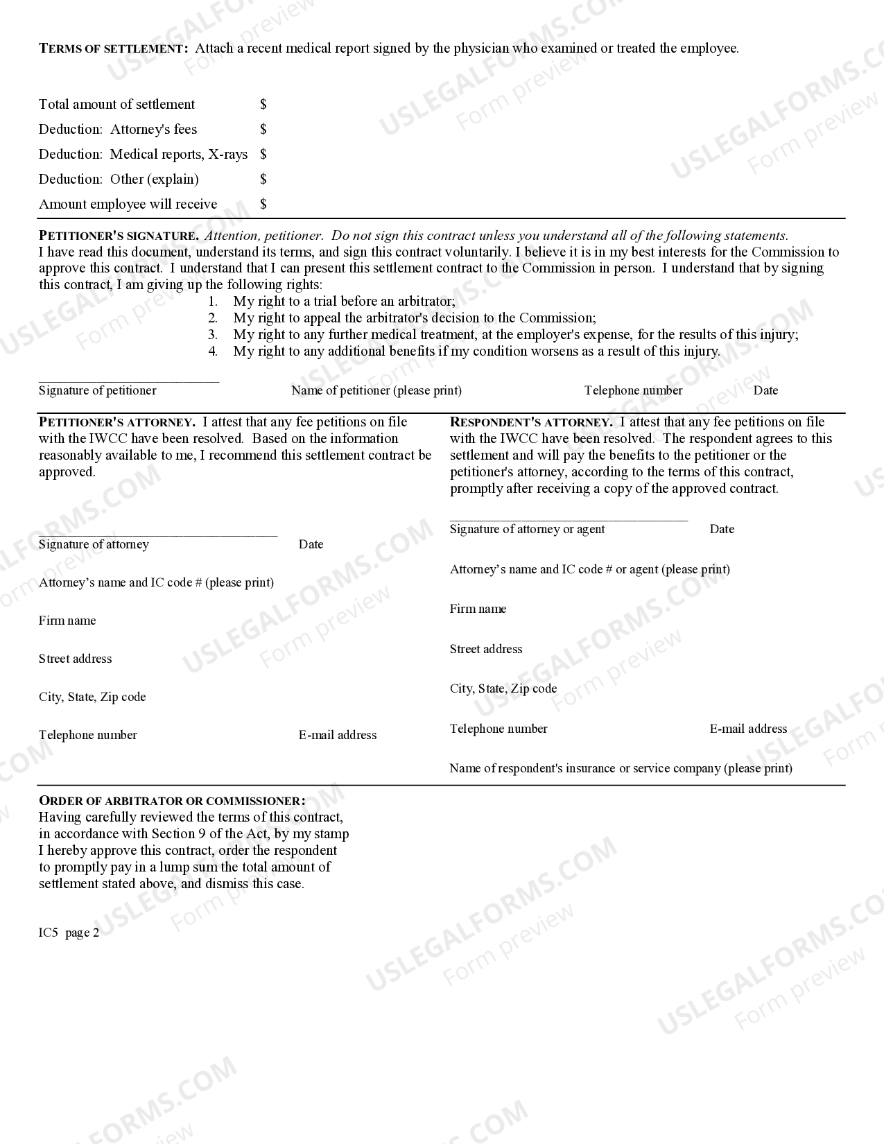 Illinois Settlement Contract Lump Sum for Workers' Compensation - Lump ...