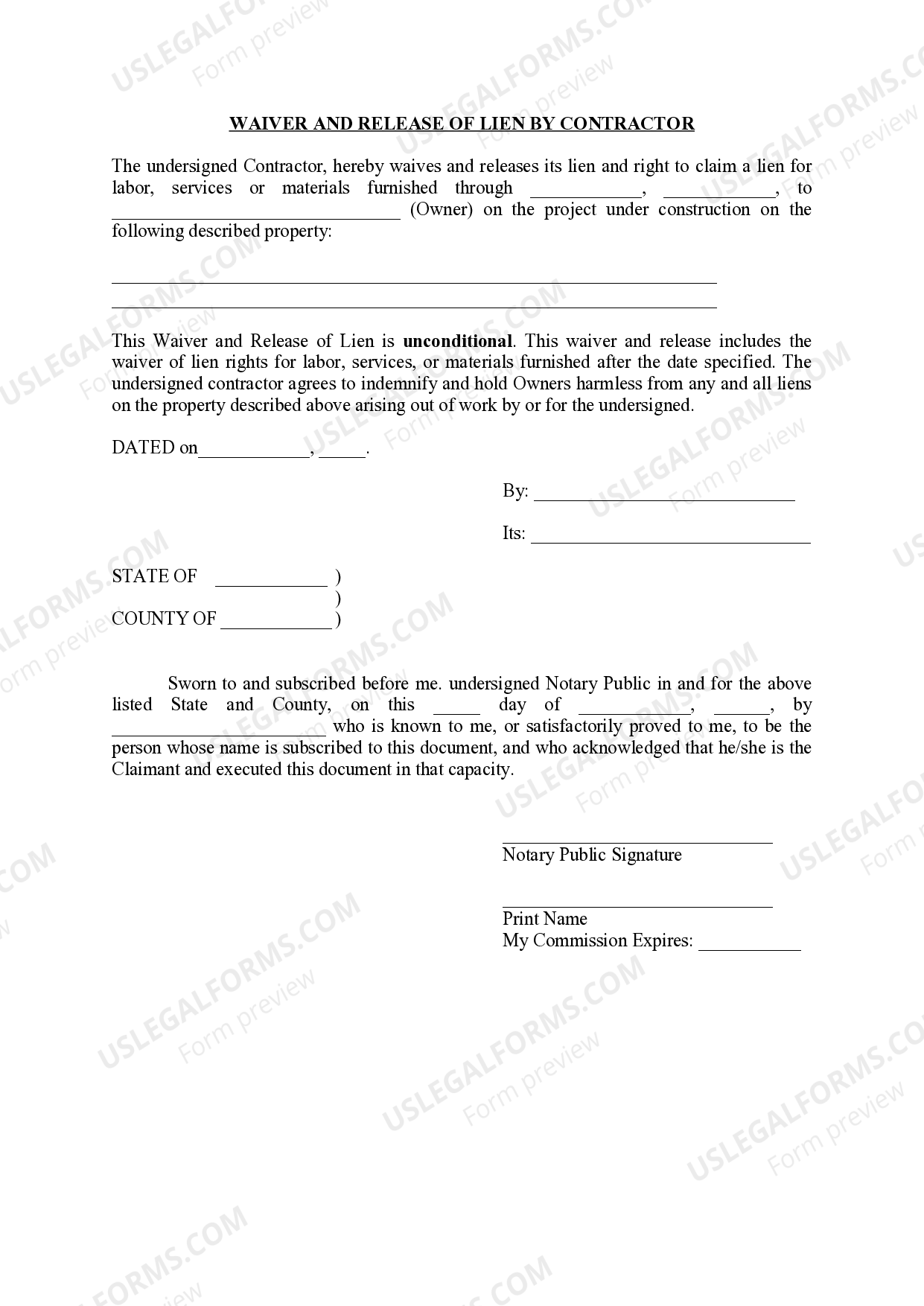 Illinois Waiver and Release of Lien by Contractor - Trailing Waivers ...
