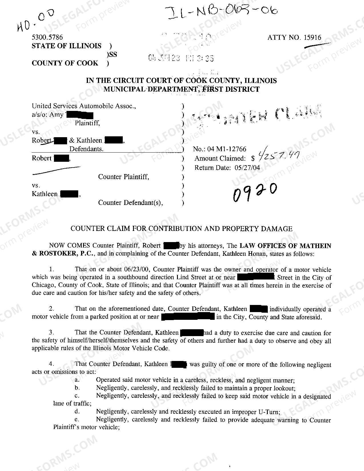 Illinois Counter Claim For Contribution And Property Damage | US Legal ...