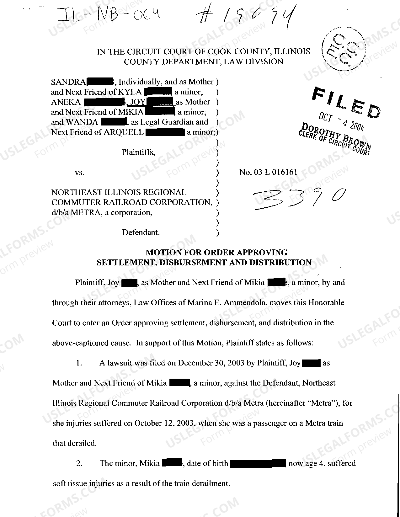 Illinois Motion For Order Approving Settlement, Disbursement And Distribution to a Minor | US ...