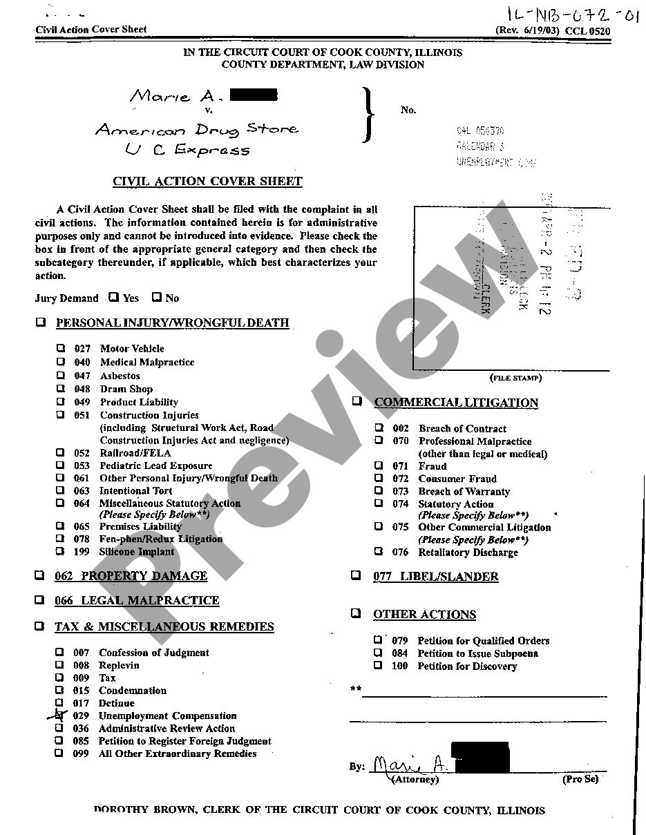 Illinois Civil Action Cover Sheet Us Legal Forms