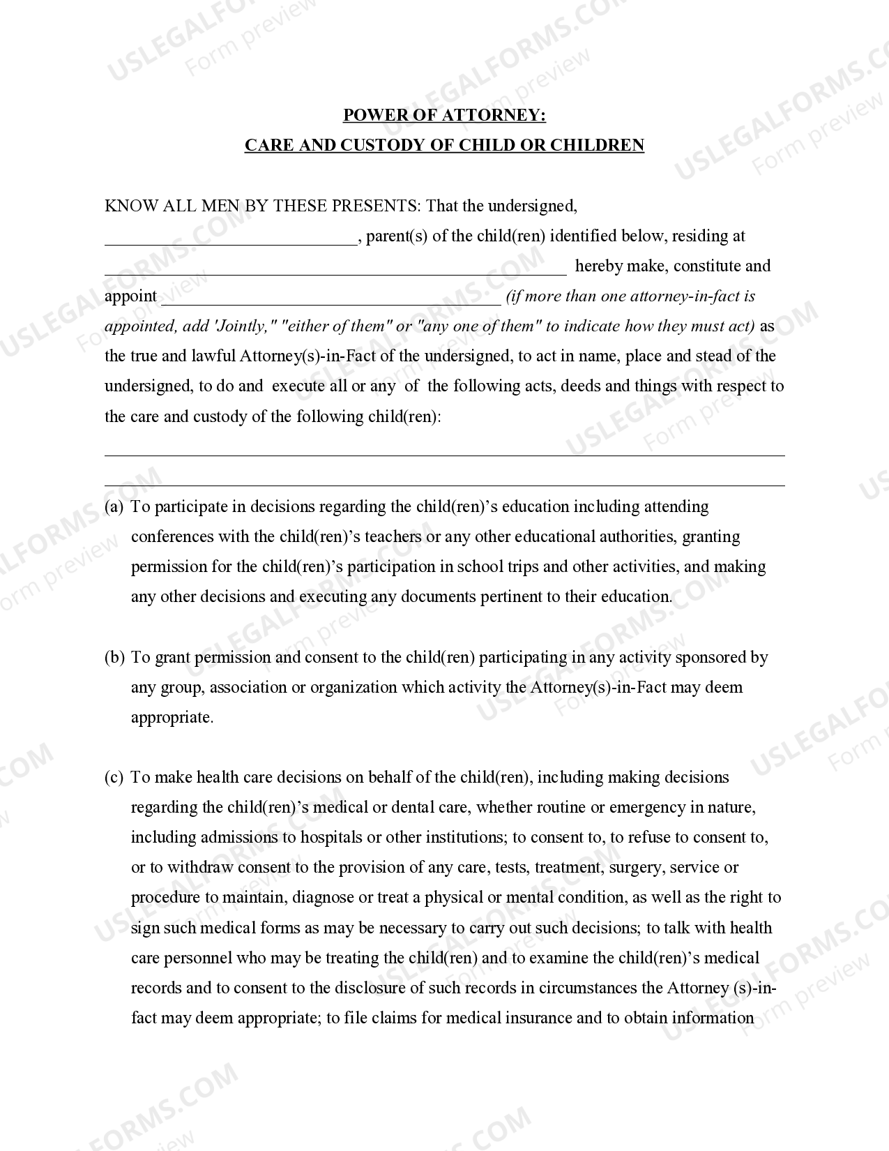 Illinois General Power of Attorney for Care and Custody of Child or ...