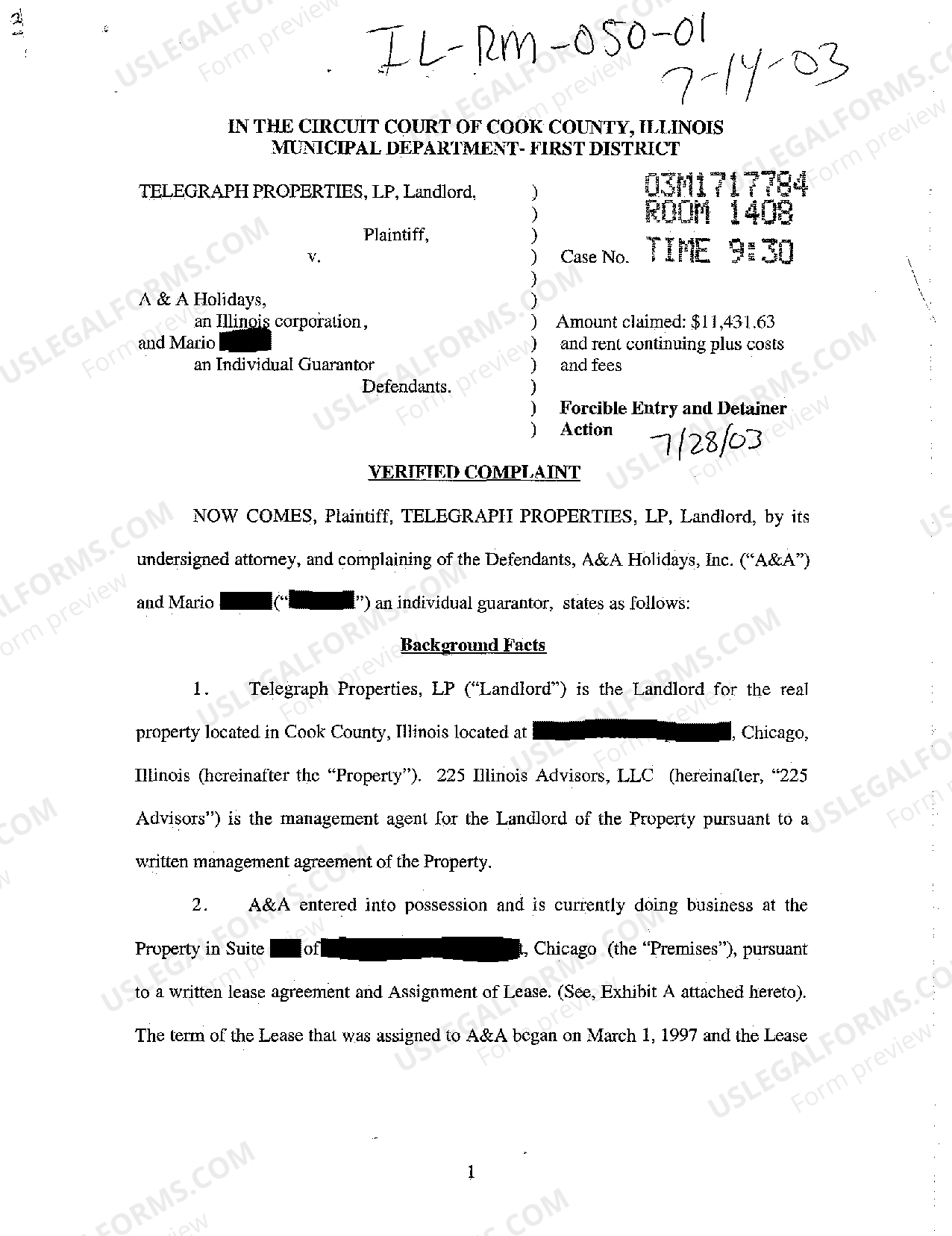 Illinois Verified Complaint for Overdue Rent from Month to Month Tenant ...