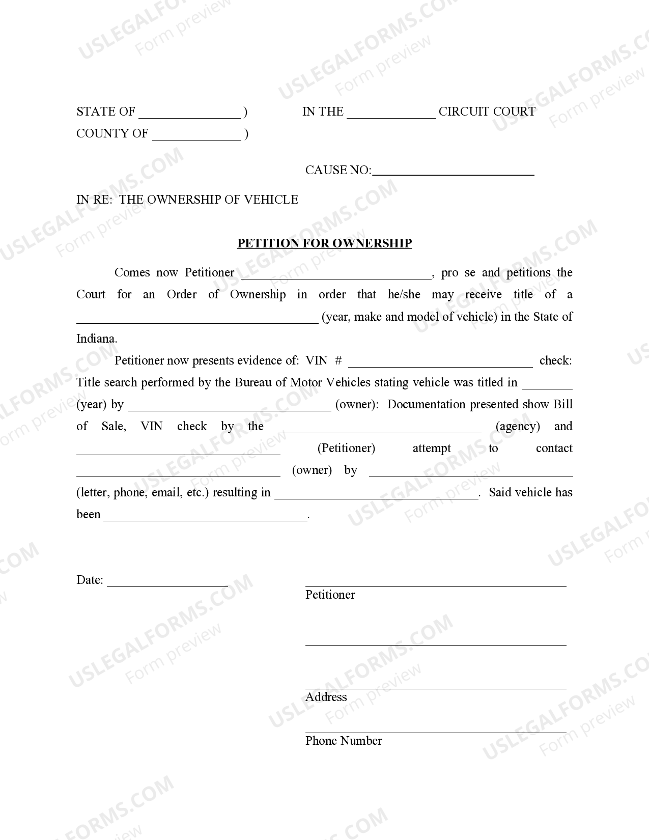 Indiana Petition for Ownership | US Legal Forms