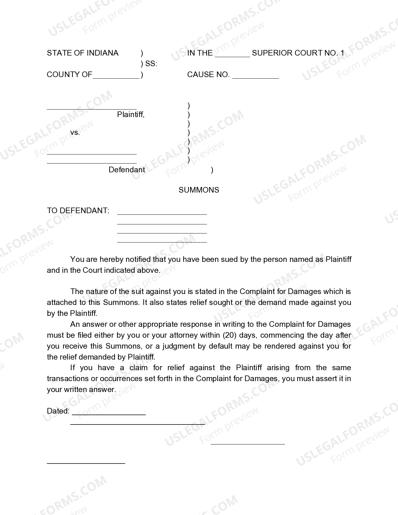 South Bend Indiana Summons and Service of Process | US Legal Forms