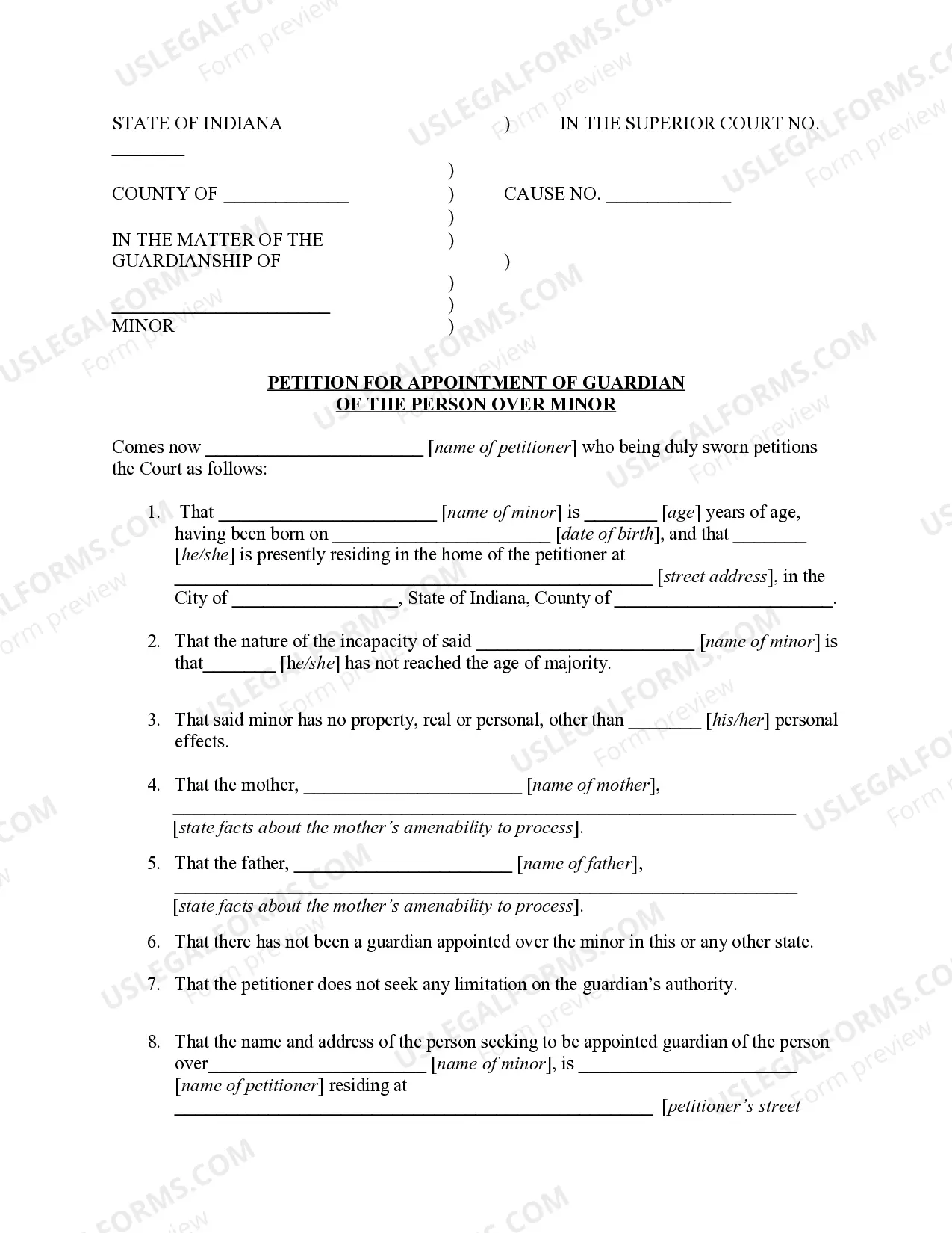 Indiana Petition For Appointment of Guardian of the Person over Minor ...
