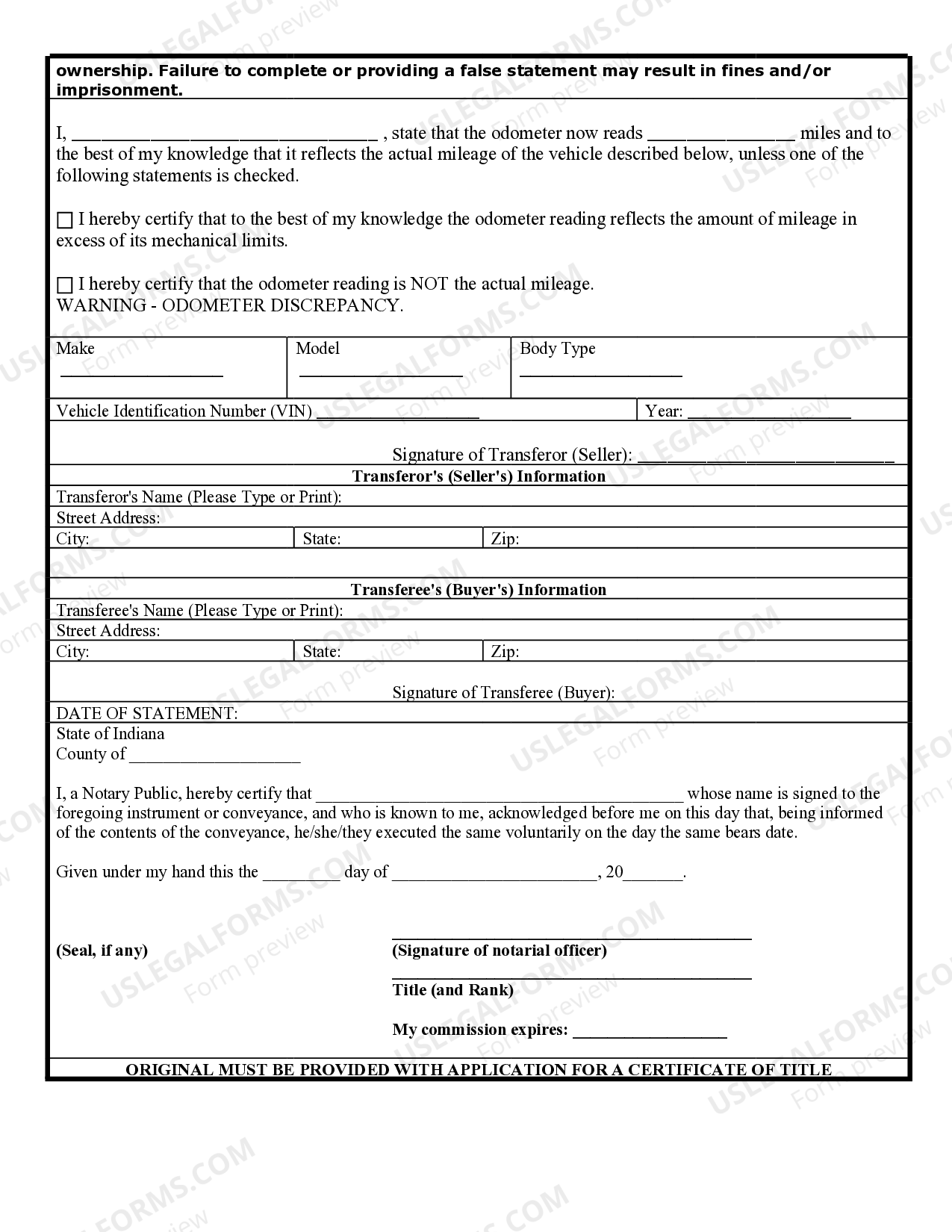 Indiana Bill of Sale for Automobile or Vehicle including Odometer ...