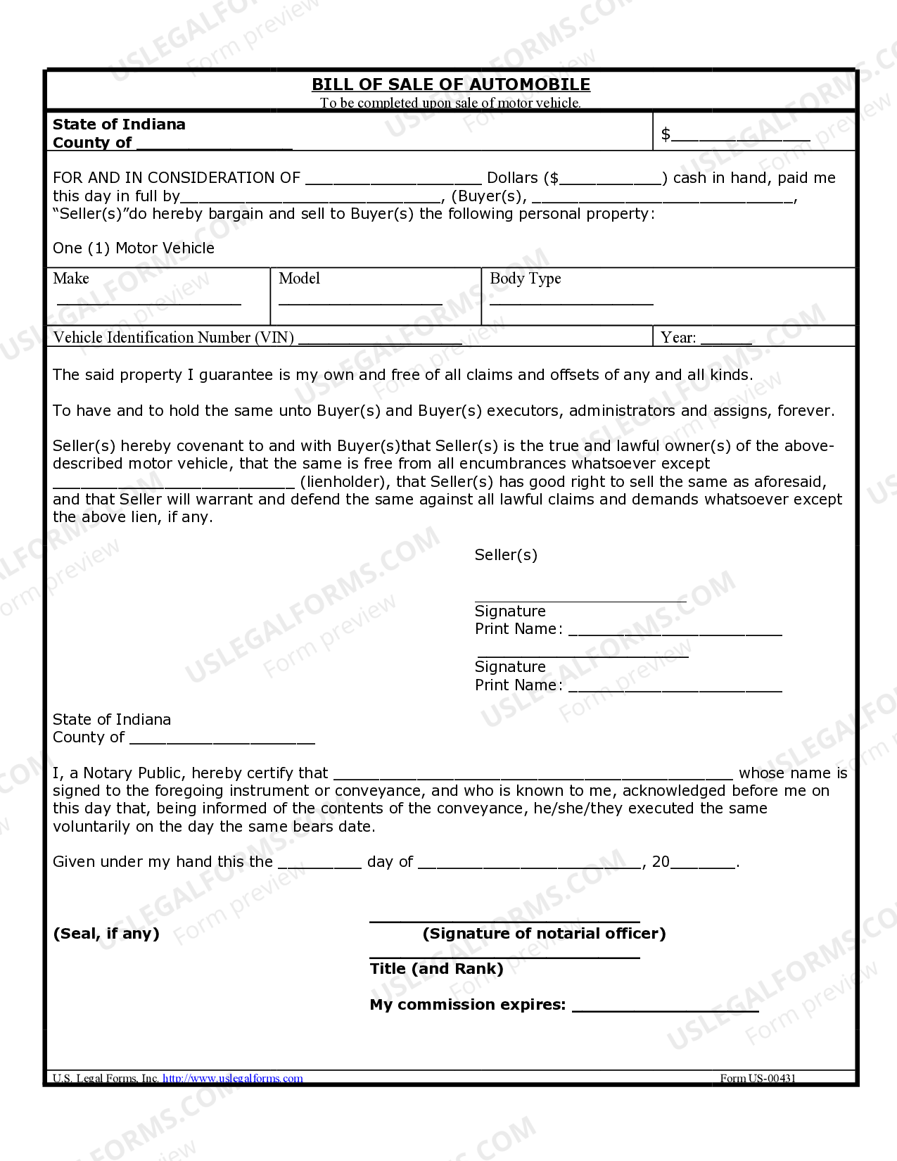 Indiana Bill of Sale of Automobile and Odometer Statement - Indiana ...