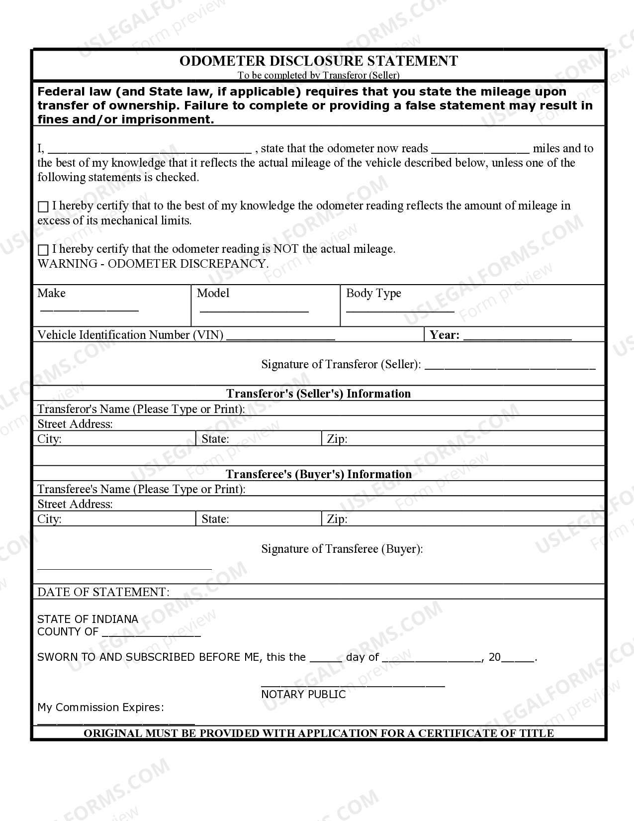 Indiana Bill of Sale of Automobile and Odometer Statement | US Legal Forms