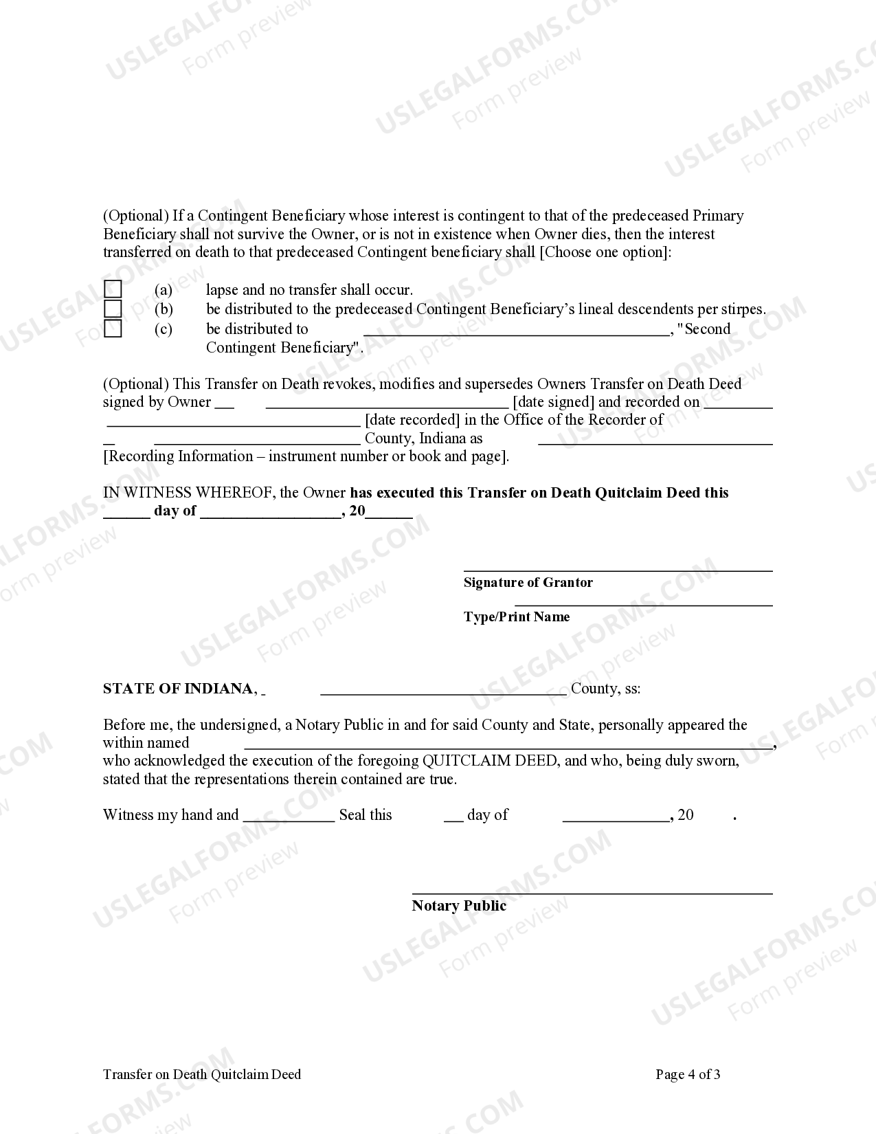 Indiana Beneficiary Transfer on Death Quitclaim Deed from Individual to ...