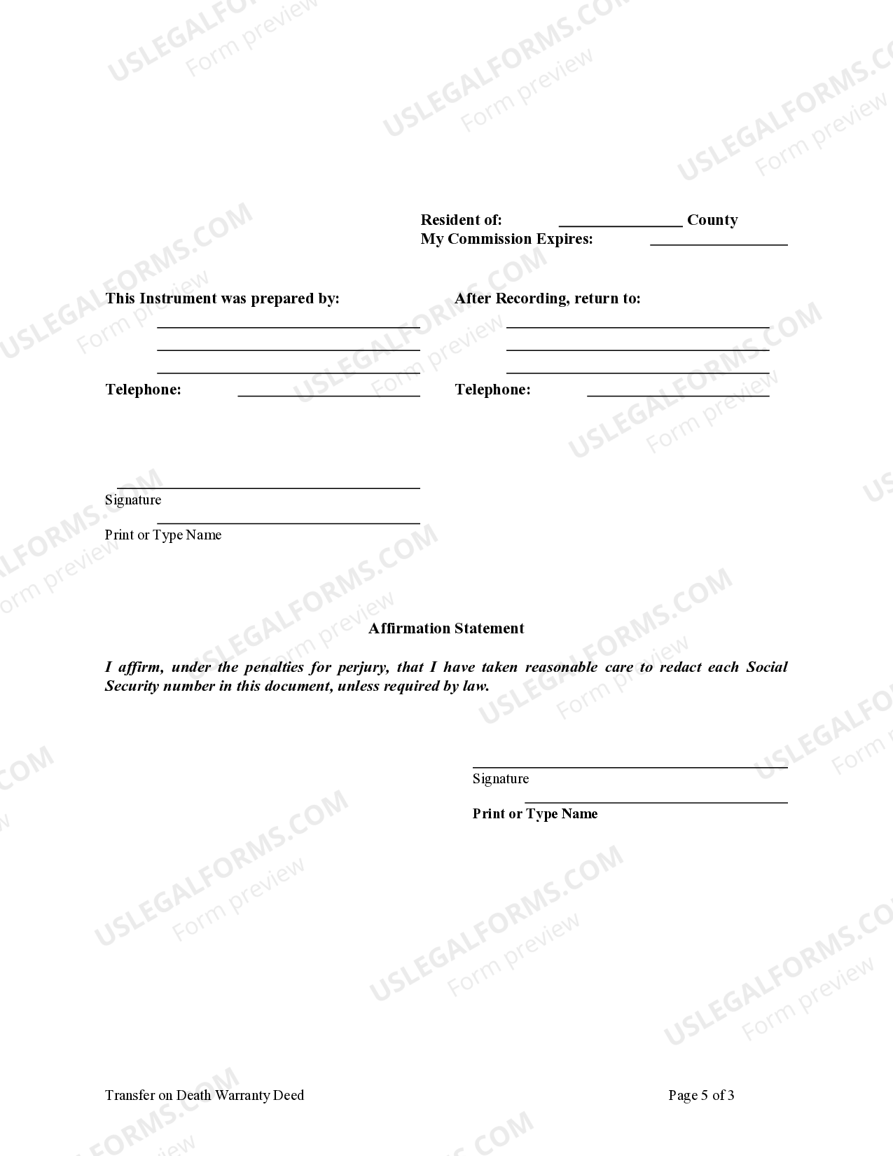 Indiana Beneficiary Transfer on Death Warranty Deed from Individual to ...