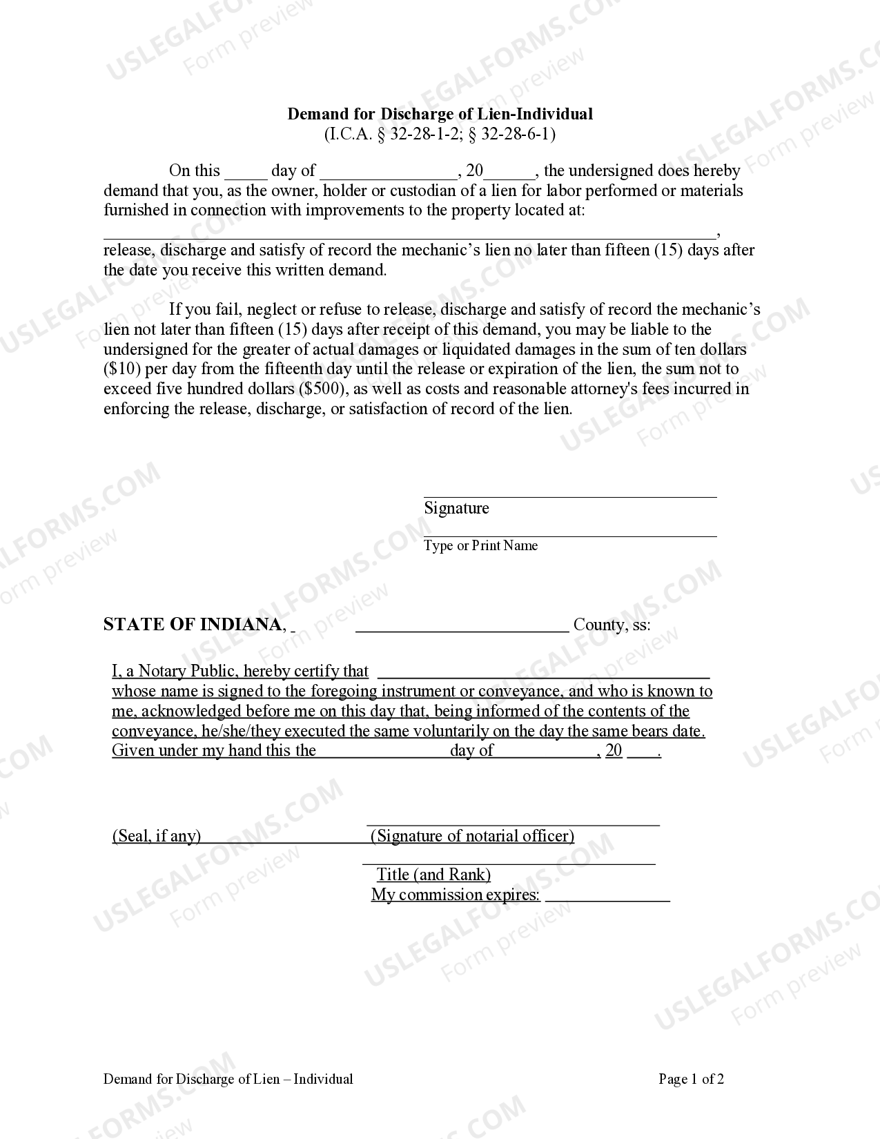 Indiana Demand for Discharge of Lien - Individual | US Legal Forms