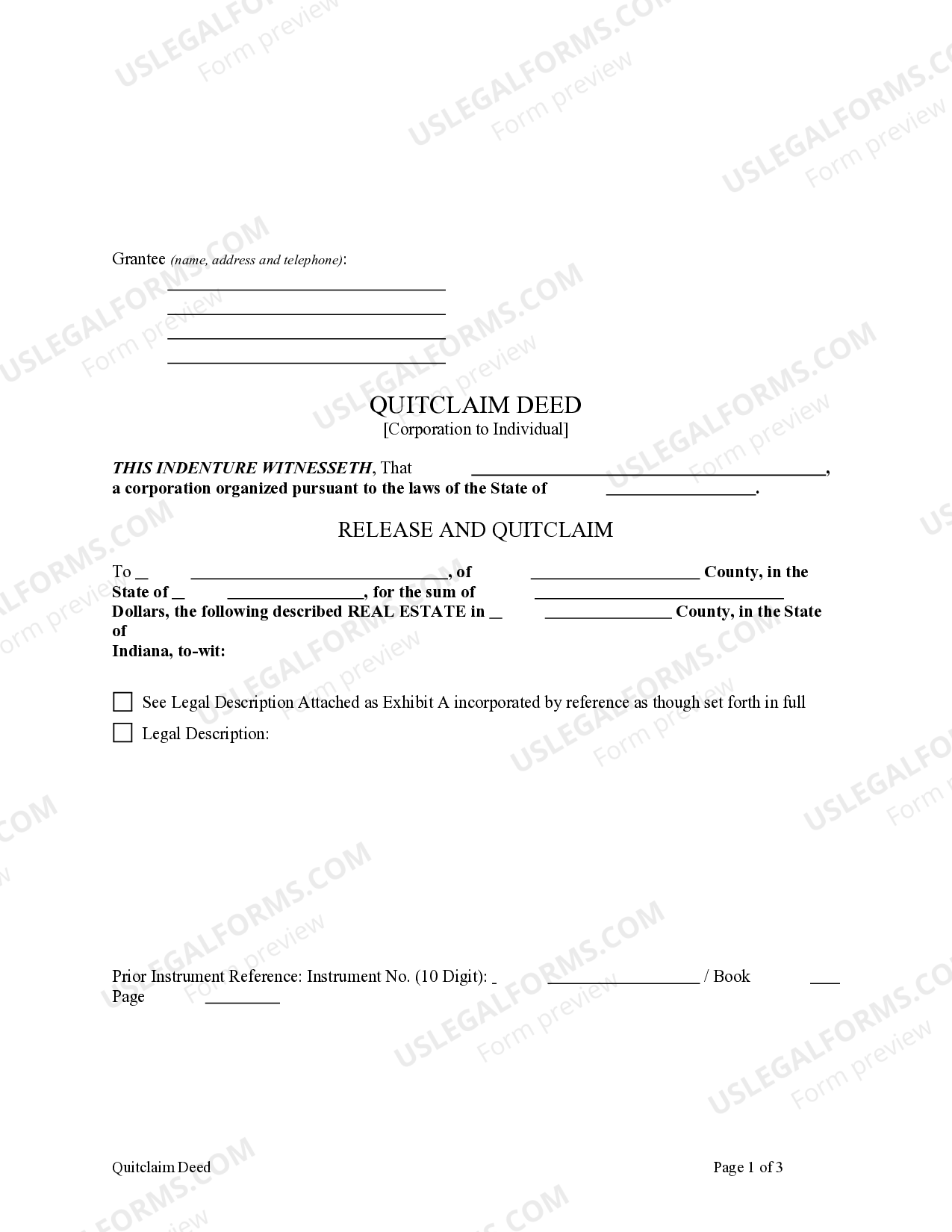 Indiana Quitclaim Deed from Corporation to Individual - Quitclaim | US ...