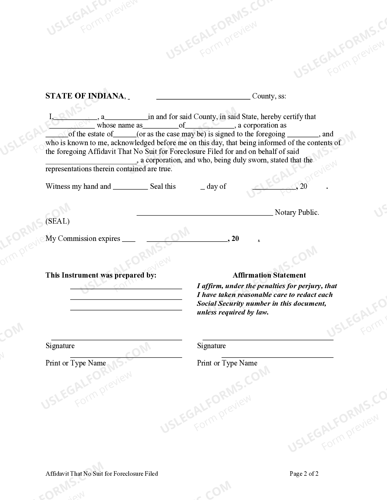 Indiana Affidavit that No Suit for Foreclosure Filed - Corporation or ...
