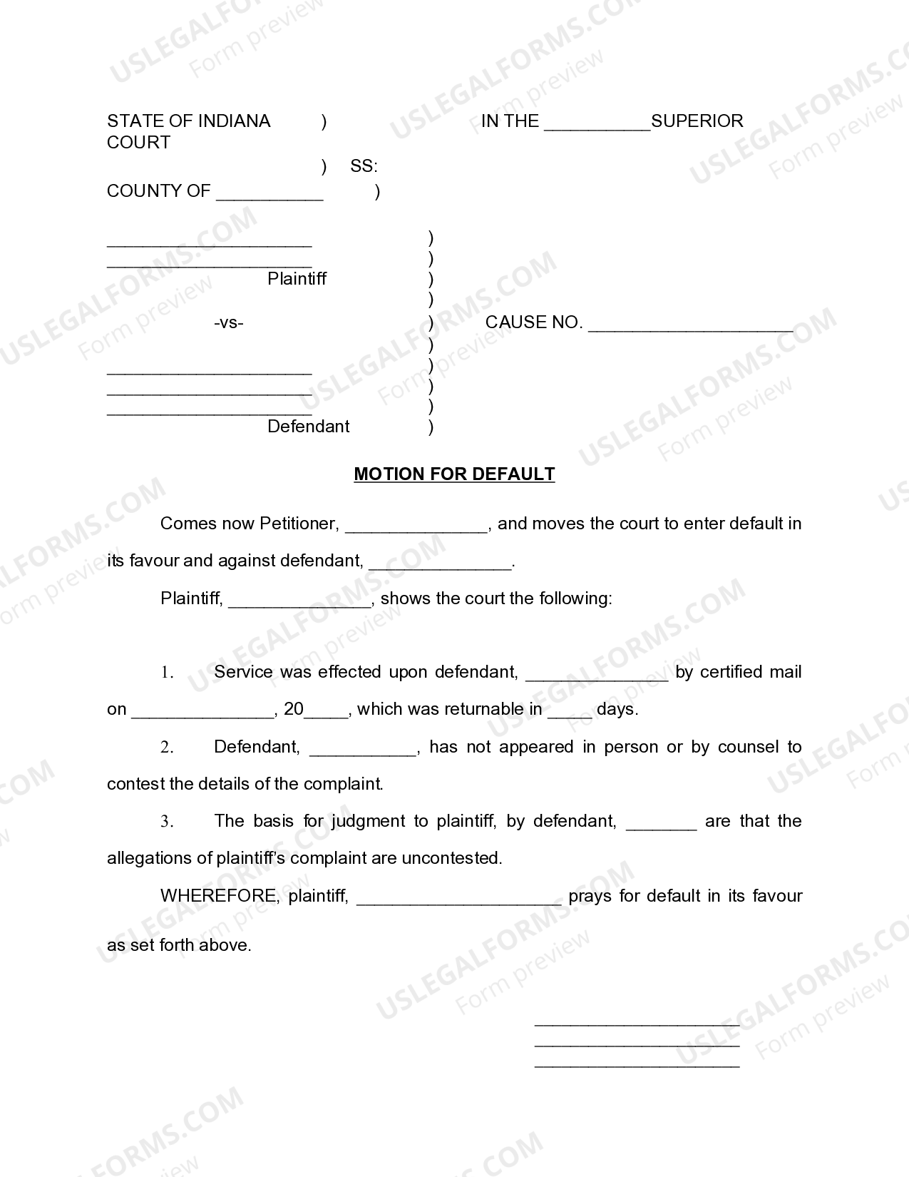 Indiana Motion for Default | US Legal Forms