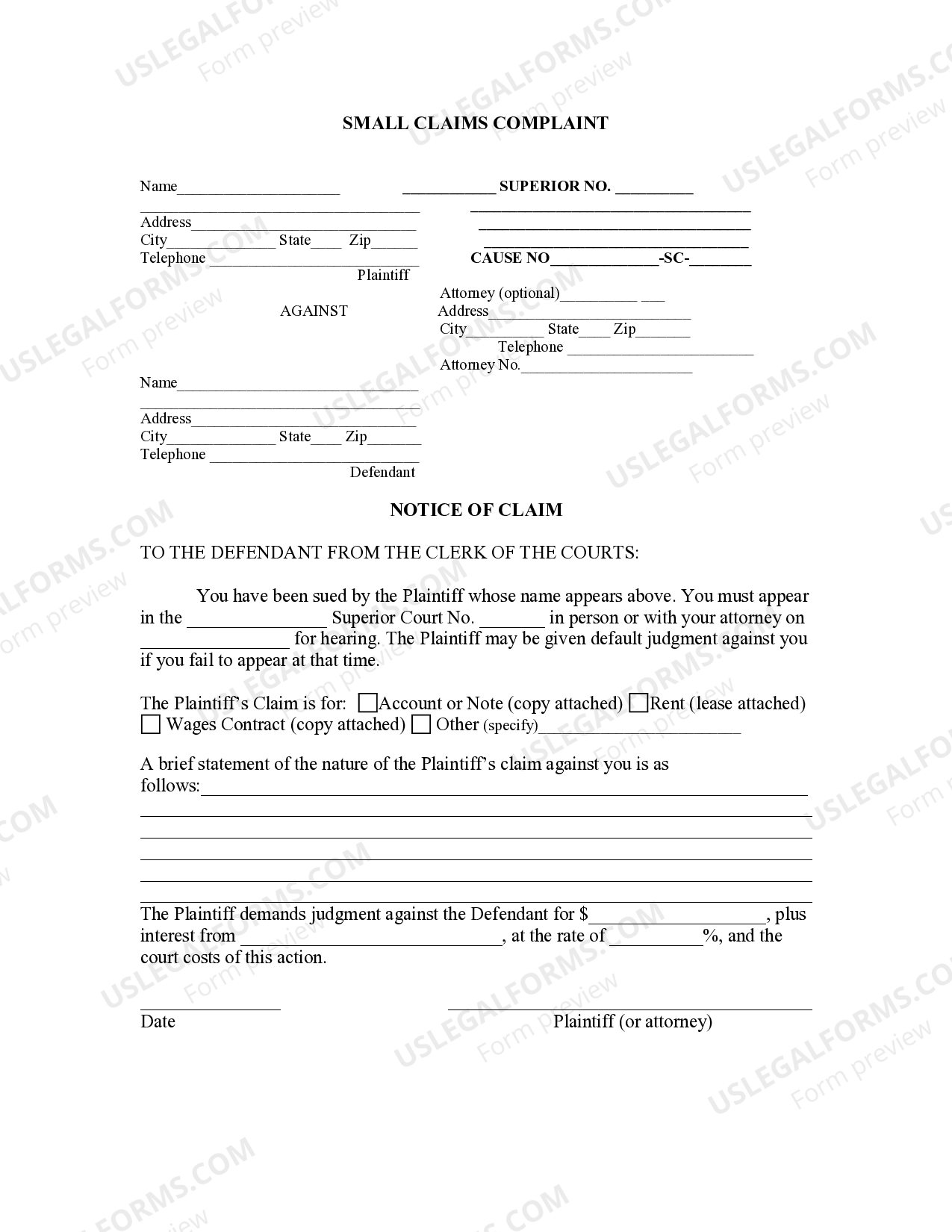 Indiana Clerk's Notice of Claim to Defendant | US Legal Forms