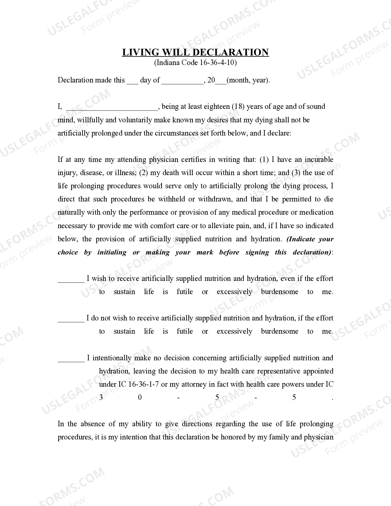 Indiana Living Will | US Legal Forms