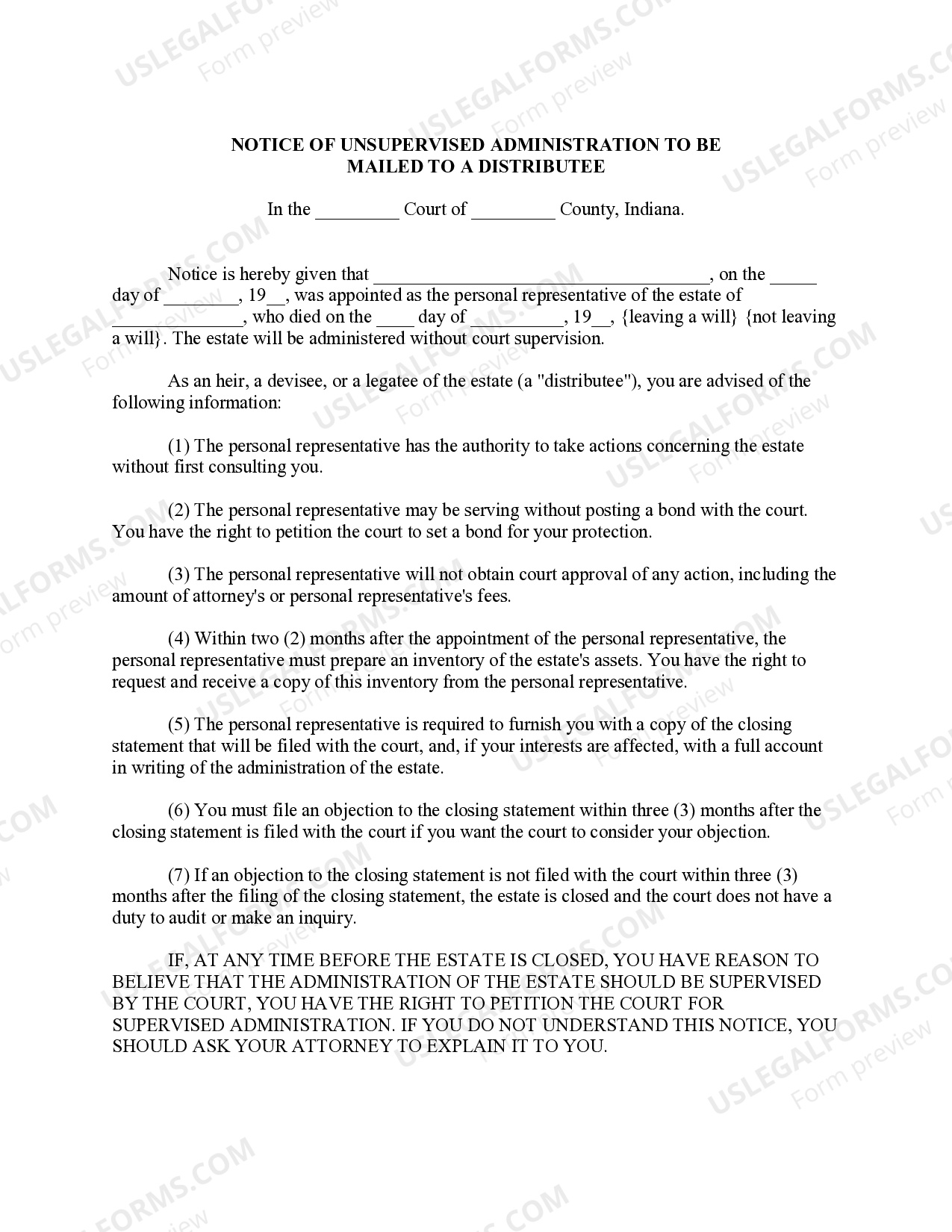 Indiana Notice of Unsupervised Administration to be mailed to a Distributee | US Legal Forms
