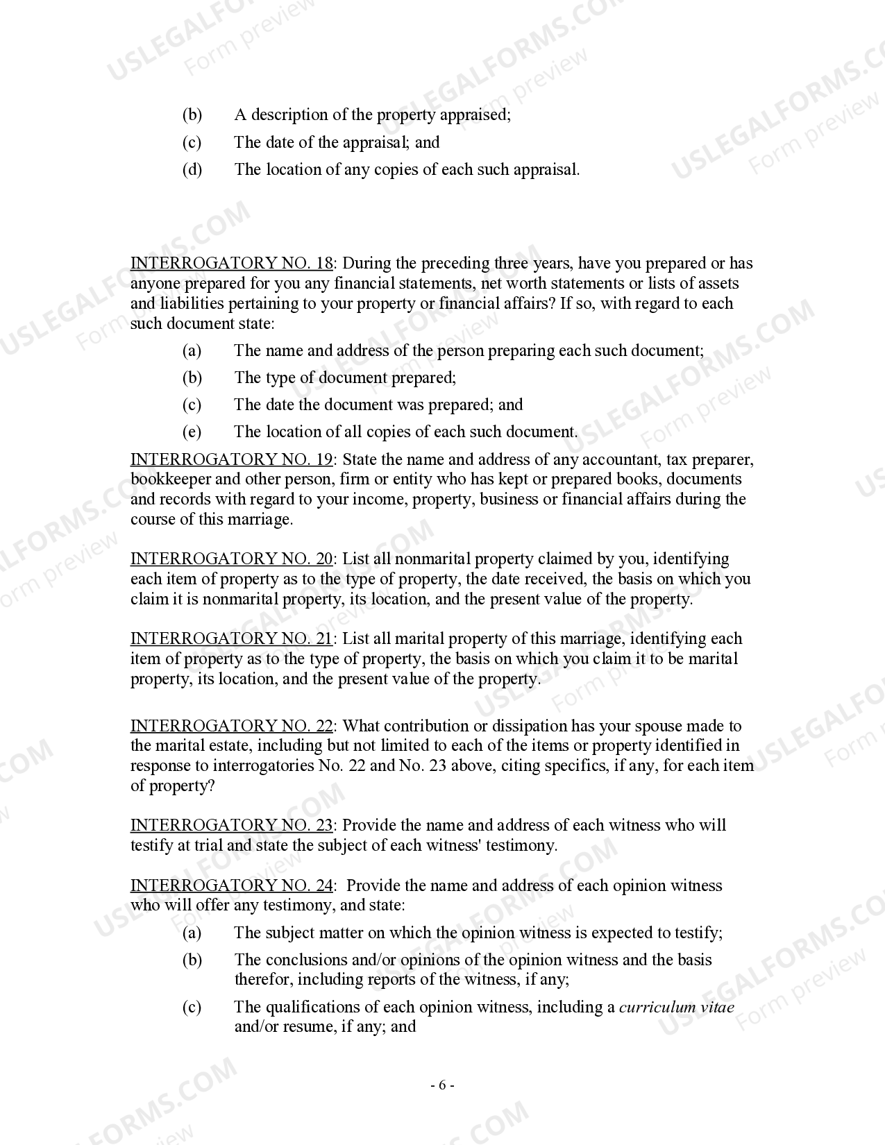 Indiana Discovery Interrogatories for Divorce Proceeding for either ...