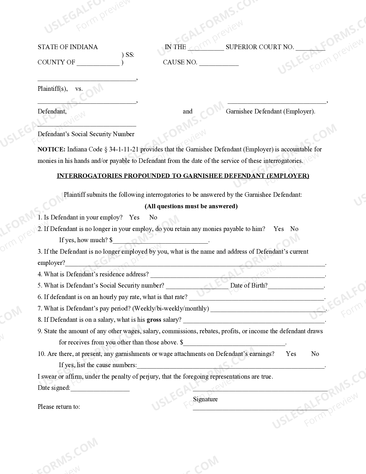 Indiana Interrogatories Propounded to Garnishee Defendant - Garnishment ...