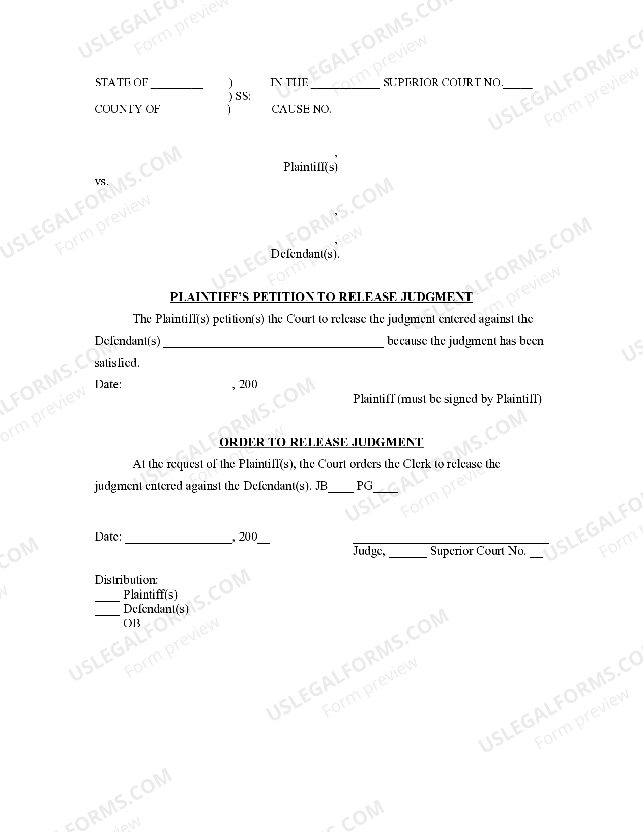 Indiana Plaintiff's Petition to Release Judgment | US Legal Forms