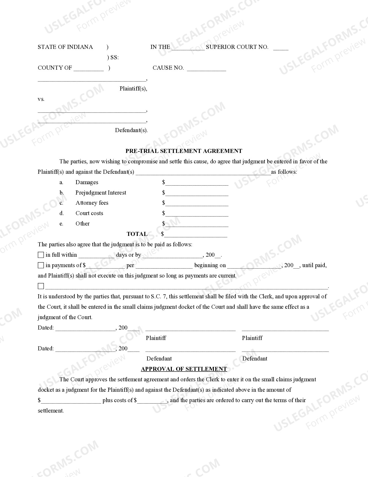 Indiana Pretrial Settlement Agreement | US Legal Forms