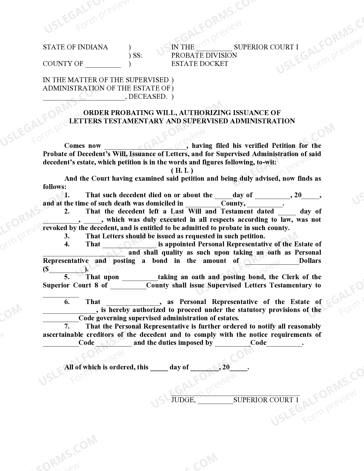 Indiana Order Probating Will, Authorizing Issuance of Letters of ...
