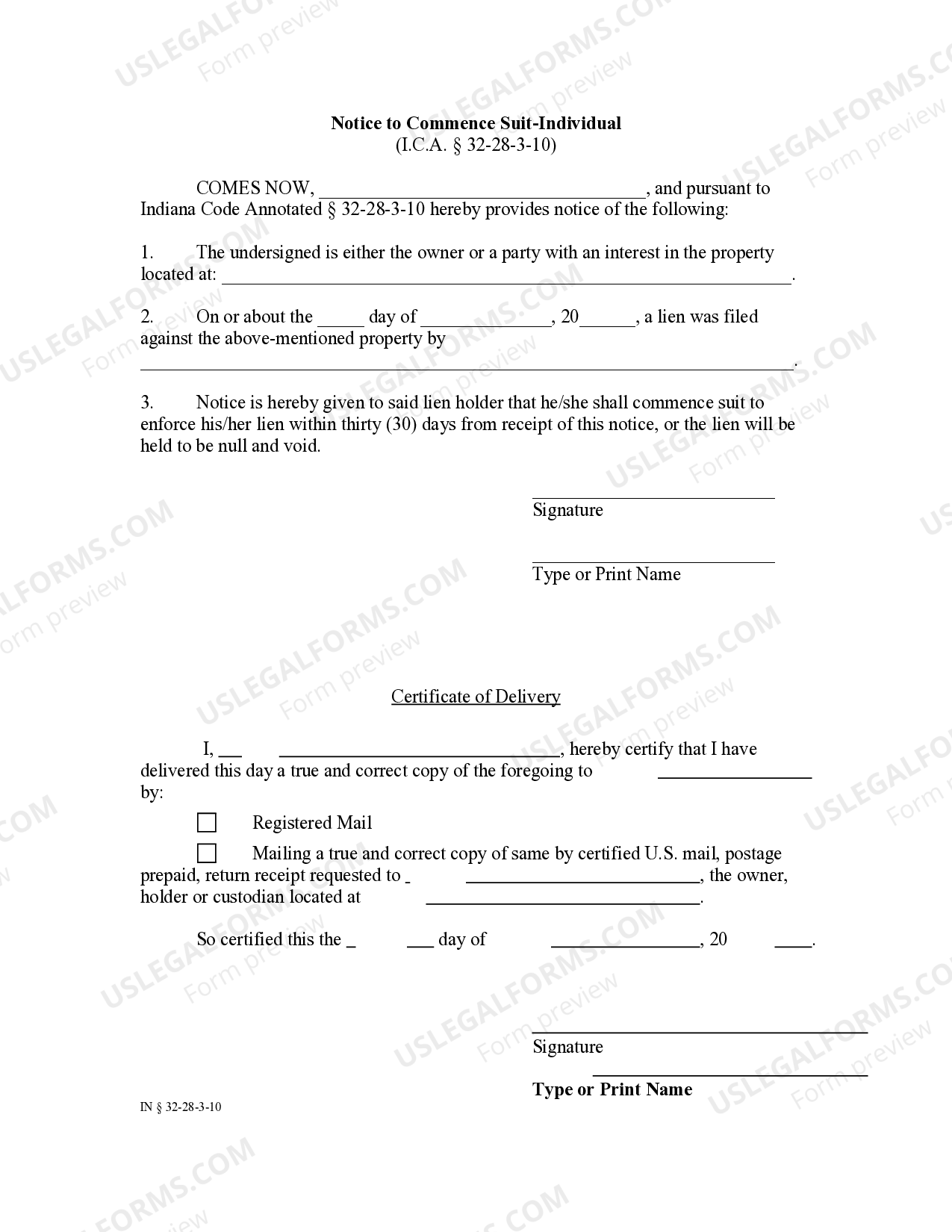 Indiana Notice to Commence Suit - Individual | US Legal Forms