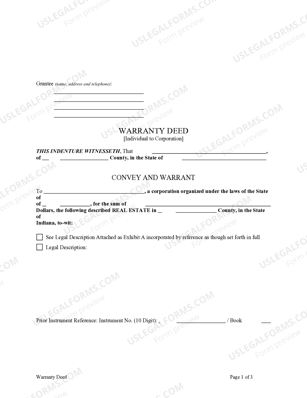 Indiana Warranty Deed from Individual to Corporation | US Legal Forms