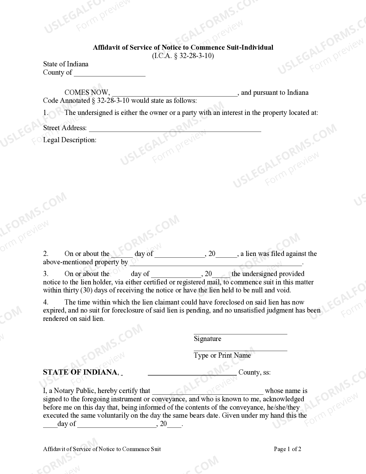 Indiana Affidavit of Service of Notice to Commence Suit - Service ...